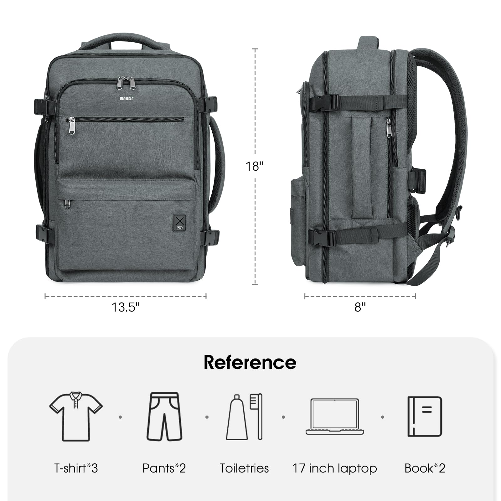 WANDF Travel Backpack For Spirit Airlines Personal Item Bag 18x14x8 with Wet Pocket, 17 Inch Laptop Backpack for Men Women(Grey)