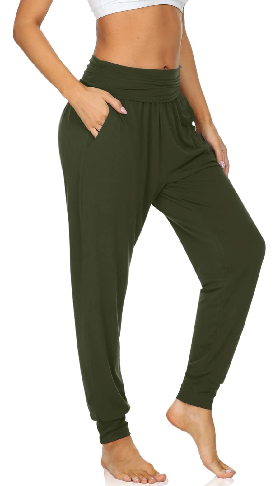 UEU Women's High Waisted Yoga Pants Super Soft joggers Loose Fitting Fit Juniors Workout Lounge Sweats Jogging Pants with Pockets(ArmyGreen,L)