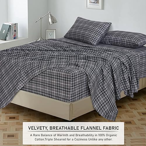 RUVANTI Flannel Sheets Twin Size - 100% Cotton Brushed Flannel Bed Sheet Sets - Deep Pockets 16 Inches (fits up to 18") - All Seasons Breathable & Super Soft - Warm & Cozy - 3 Pcs - Grey Plaid