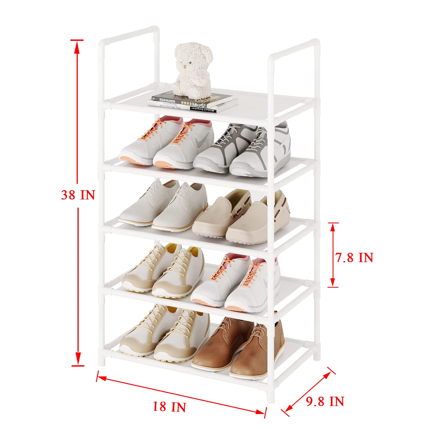 Vockot 5 Tier Stackable Small Shoe Rack,Narrow Sturdy Shoe Shelf Organizer, Non-Woven Fabric Metal Free Standing Shoe Racks for Entryway, Doorway and Closet(White)