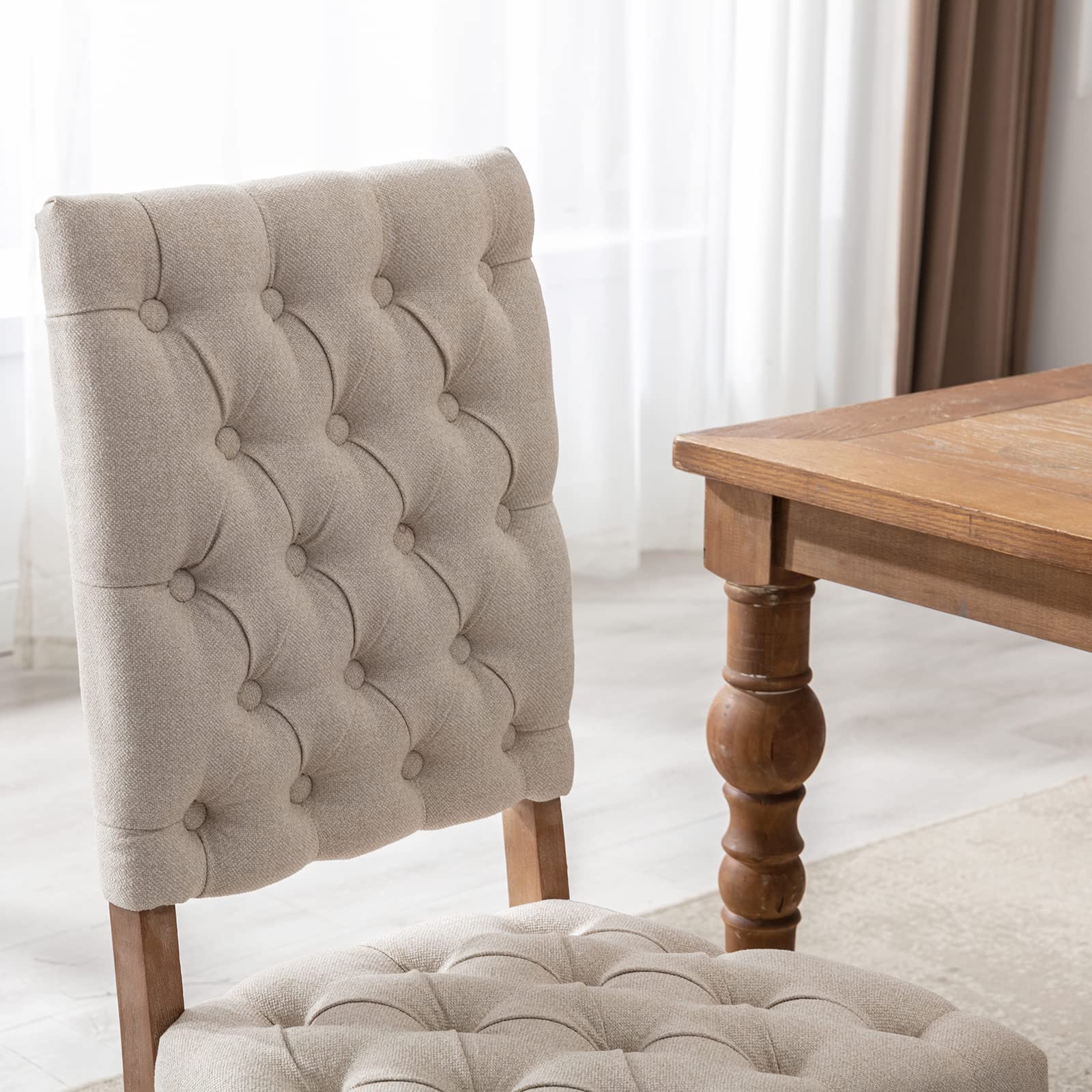 Ya-Home Modern Dining Chairs Set of 4, Linen Comfy Tufted Side Chairs with Wooden Legs, Upholstered Armless Dining Room Chairs with High Back for Living Room Kitchen, Beige