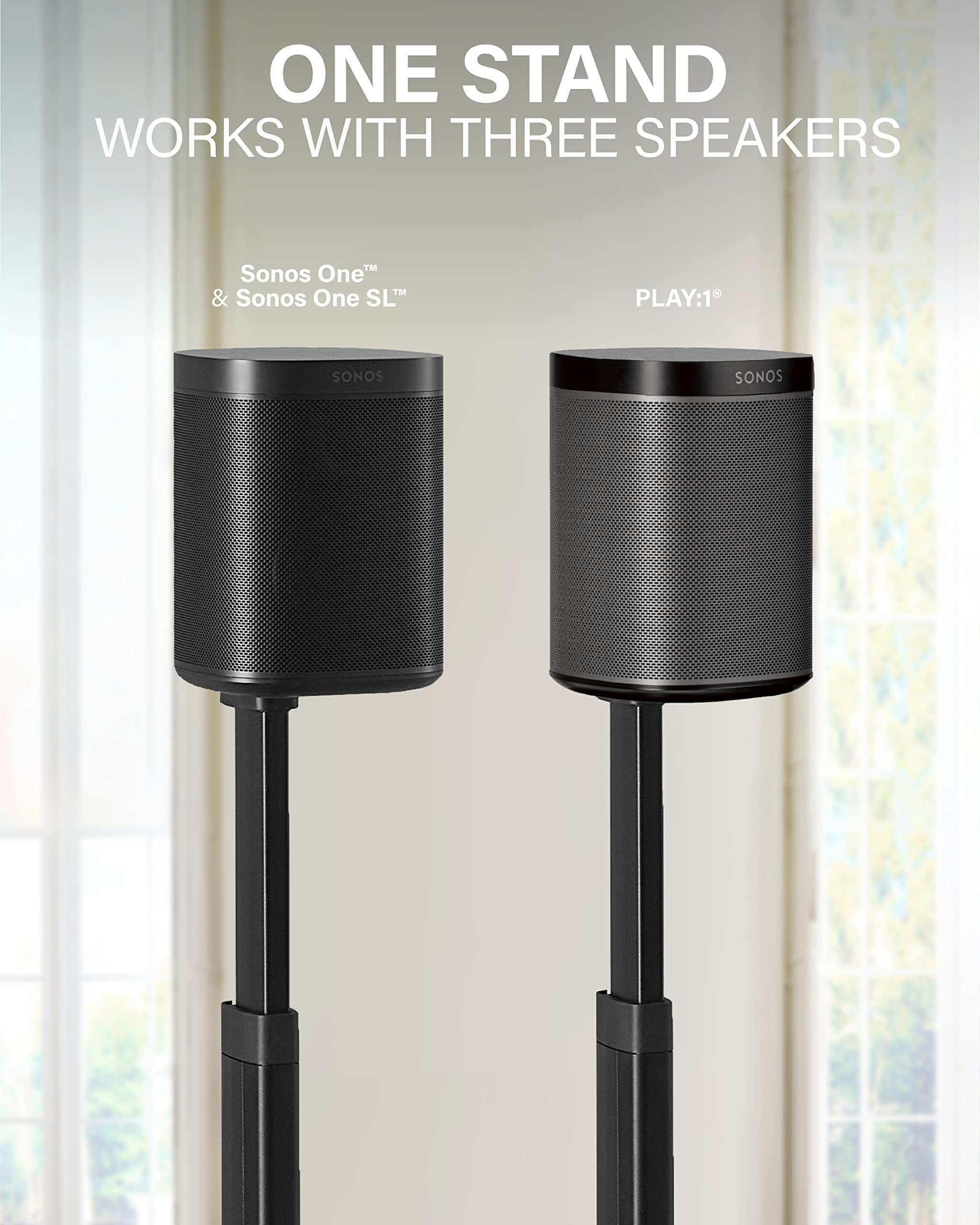 SANUS Adjustable Height Wireless Speaker Stands Designed for Sonos One, One SL, and Play:1 - Tool-Free Adjustment up to 16" and Built-in Cable Management (Black)