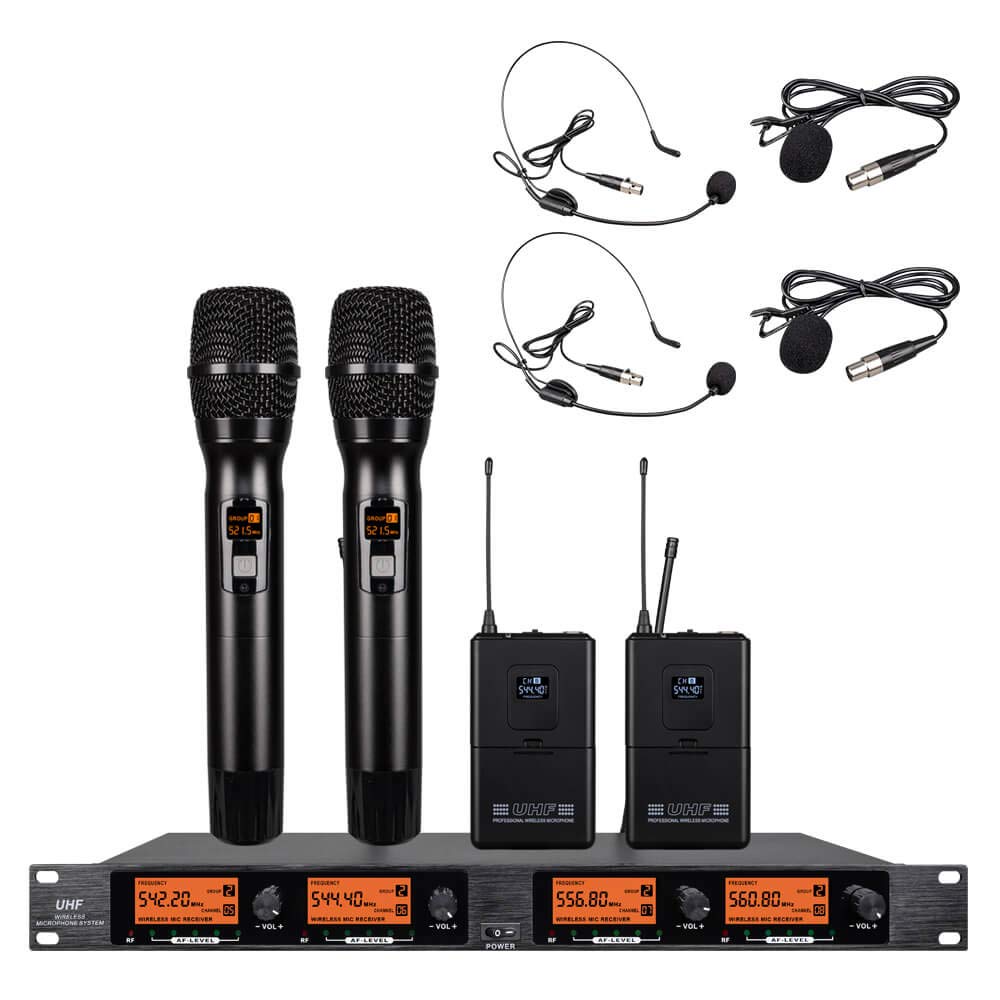 wenwen Wireless Microphone System 4 Channel Microphone 2 Handheld Mic 2 Bodypack Headset 2 Lavalier 2 Lapel Mic UHF Karaoke System Church Speaking Conference Meeting Wedding Party Frequency B
