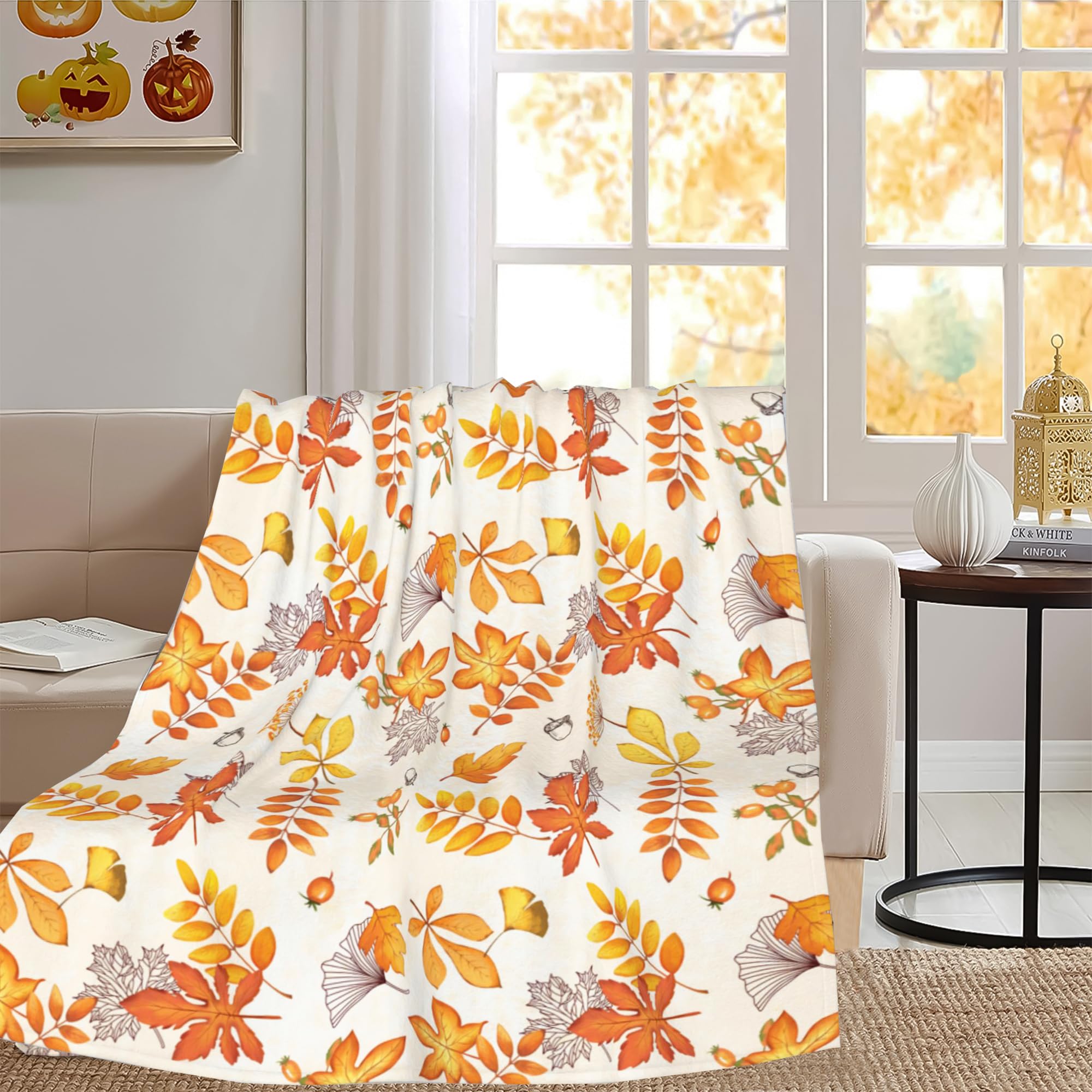 XQWATW Fall Throw Blanket Decor Autumn Leaf Print Soft Warm Blanket Thanksgiving Decoration and Gifts Cozy Fleece Blanket for Bed Sofa Couch 50 x 60 Inch