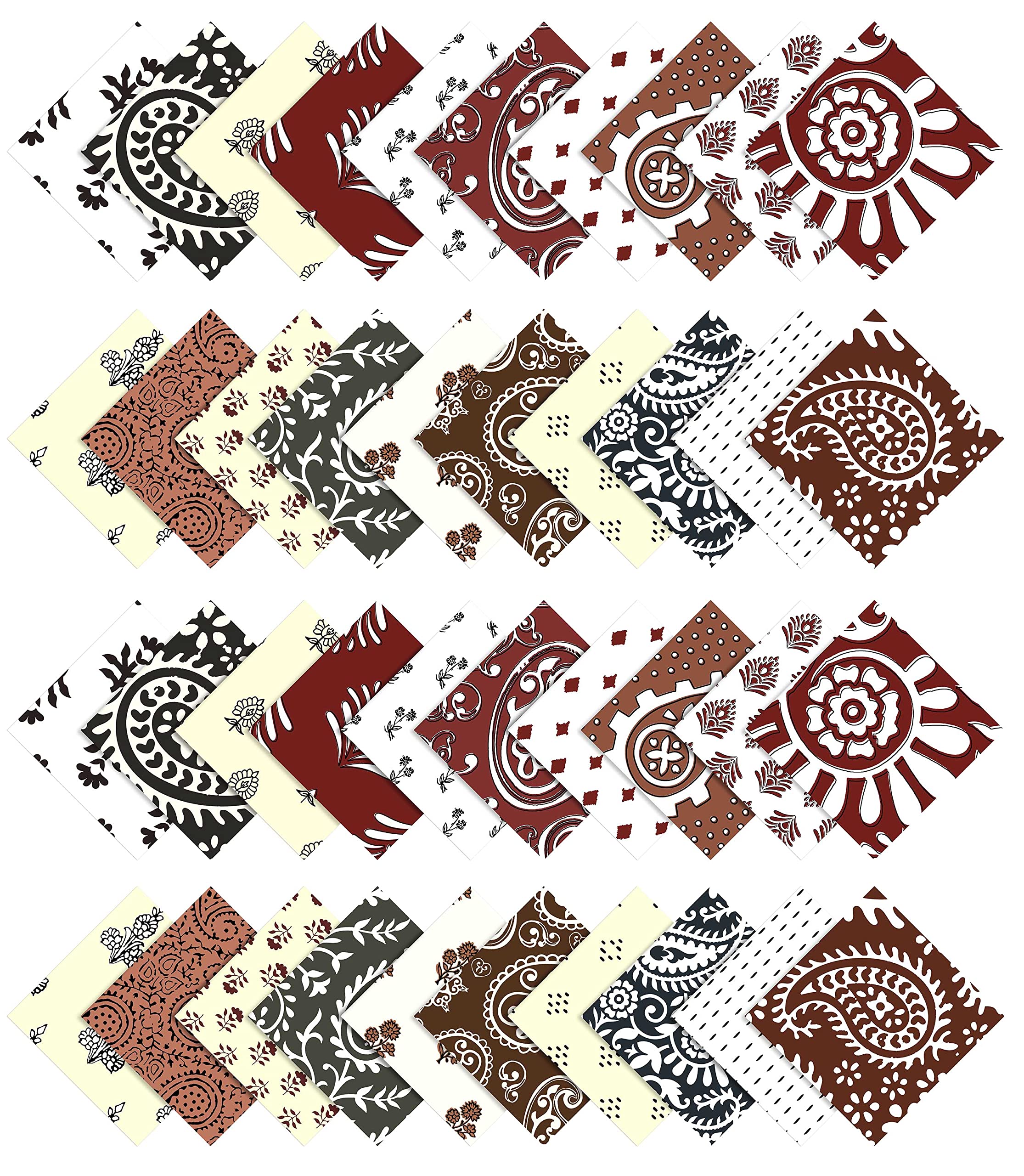 Soimoi 40Pcs Asian Block Print Cotton Precut Fabrics for Quilting Craft Strips 2.5x42inches Jelly Roll - Maroon, White, Pale Yellow, Brown