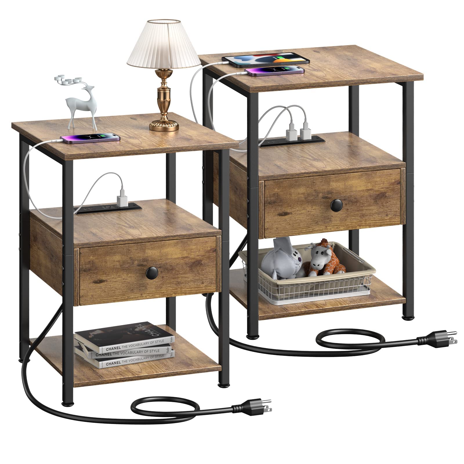 Yaabii Side Tables,End Table with USB Ports and Outlets,Nightstands with Charging Station,Bedside Tables with Storage Shelves for Living Room,Bedroom