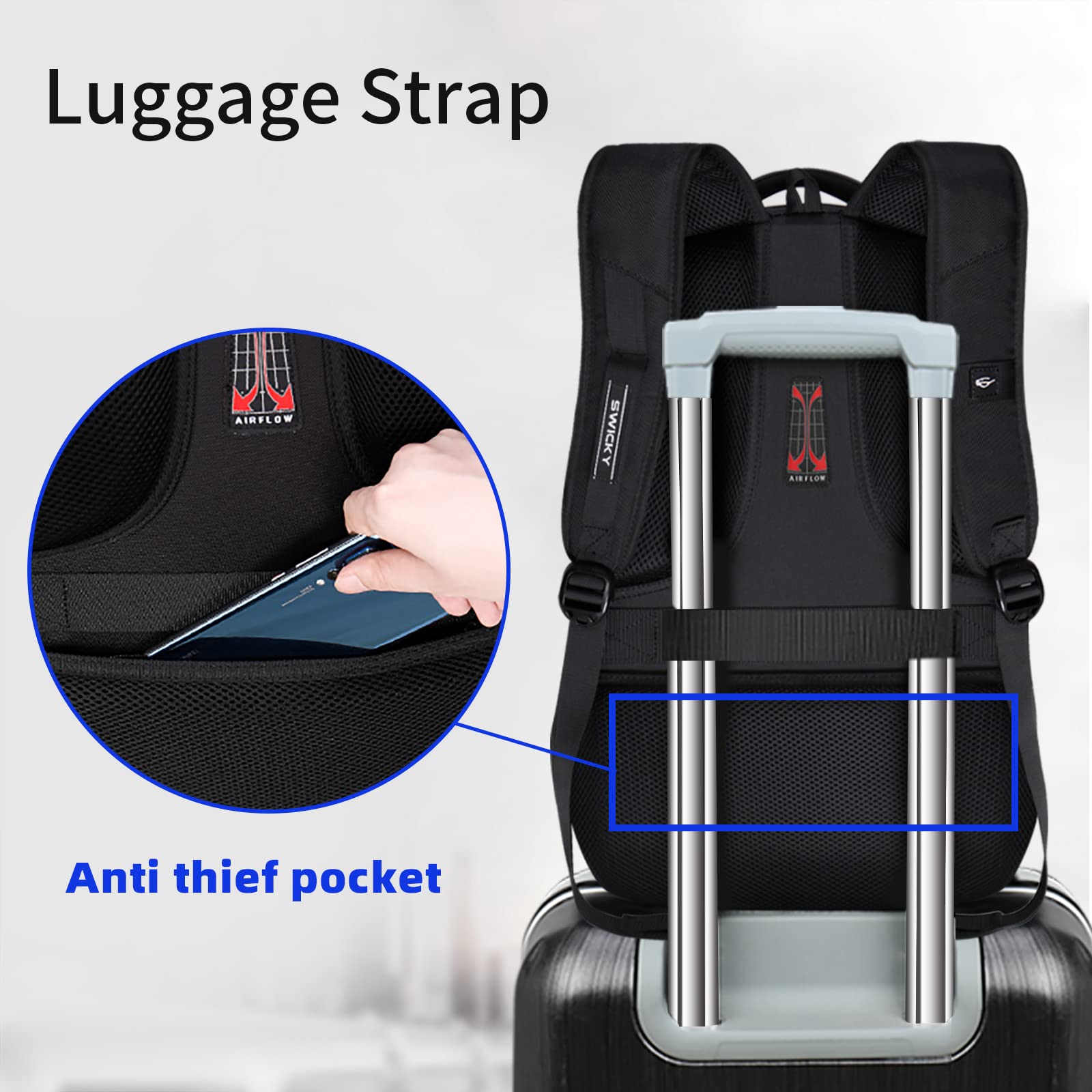 SWICKY 81669 Carry-on Water Repellent USB Port Luggage Strap Anti Theft Zip Airflow Back Panel Travel Work Laptop Backpack (Black with shoe compartment, 17.3 Inch)