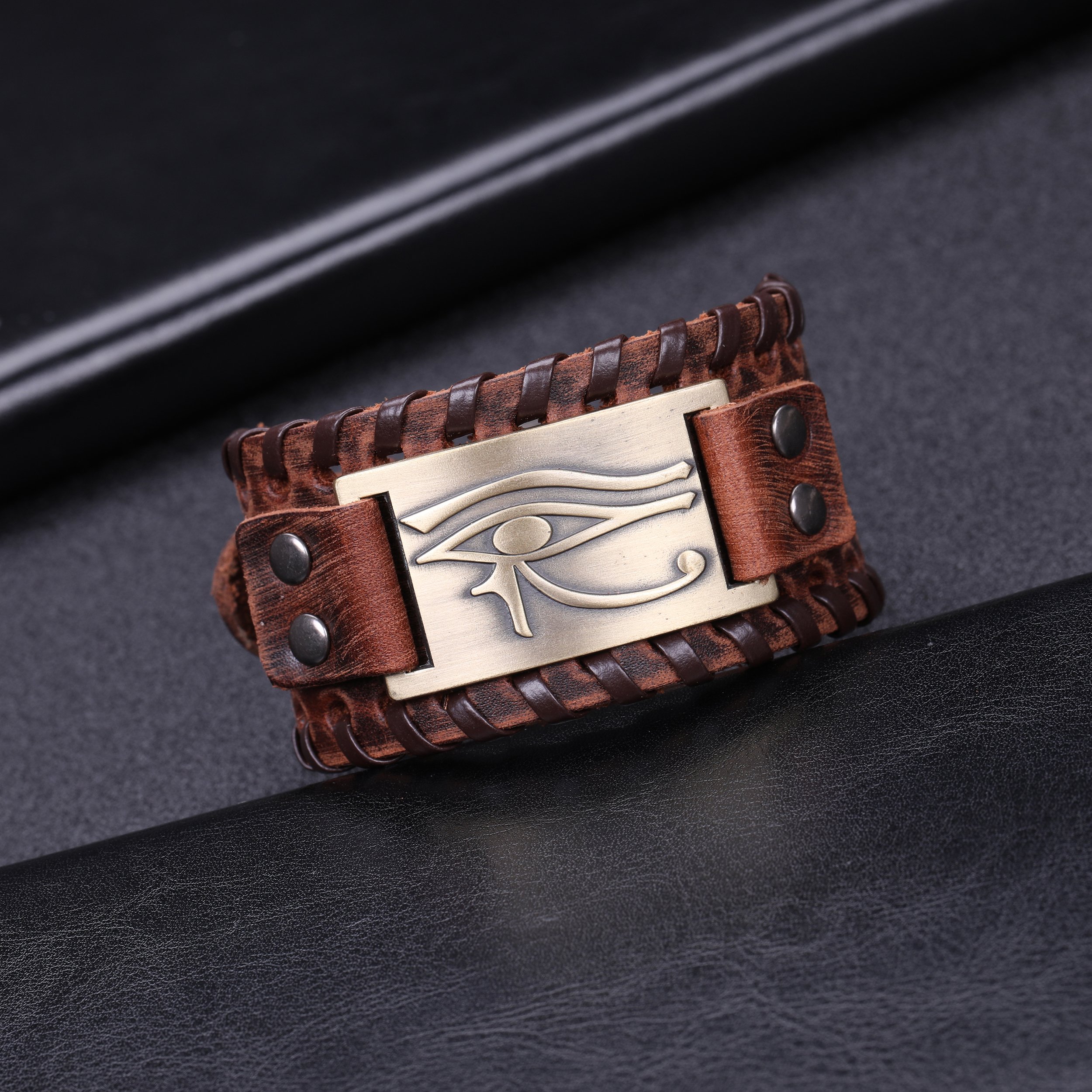 TEAMER Vintage Amulet Eye of Horus Leather Bracelet Cuff Bangle Egyptian Talisman Pagan Jewelry (Antique Copper,Brown)