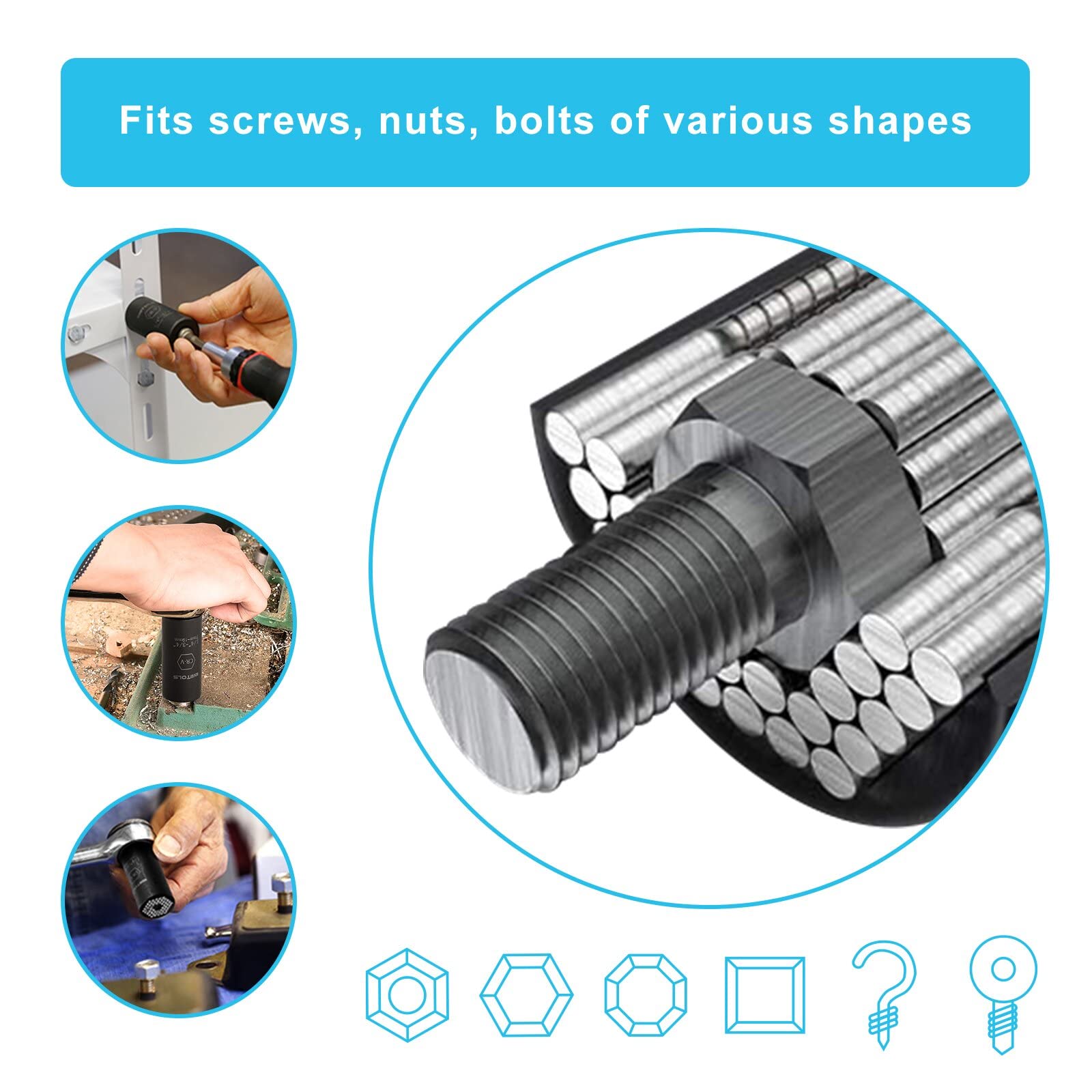 WETOLS Universal Socket, Grip Socket Set Fits Standard 1/4'' - 3/4'' Metric 7mm-19mm, with Multi-Function Power Drill Adapter, for Men Father Dad Husband, WE-883