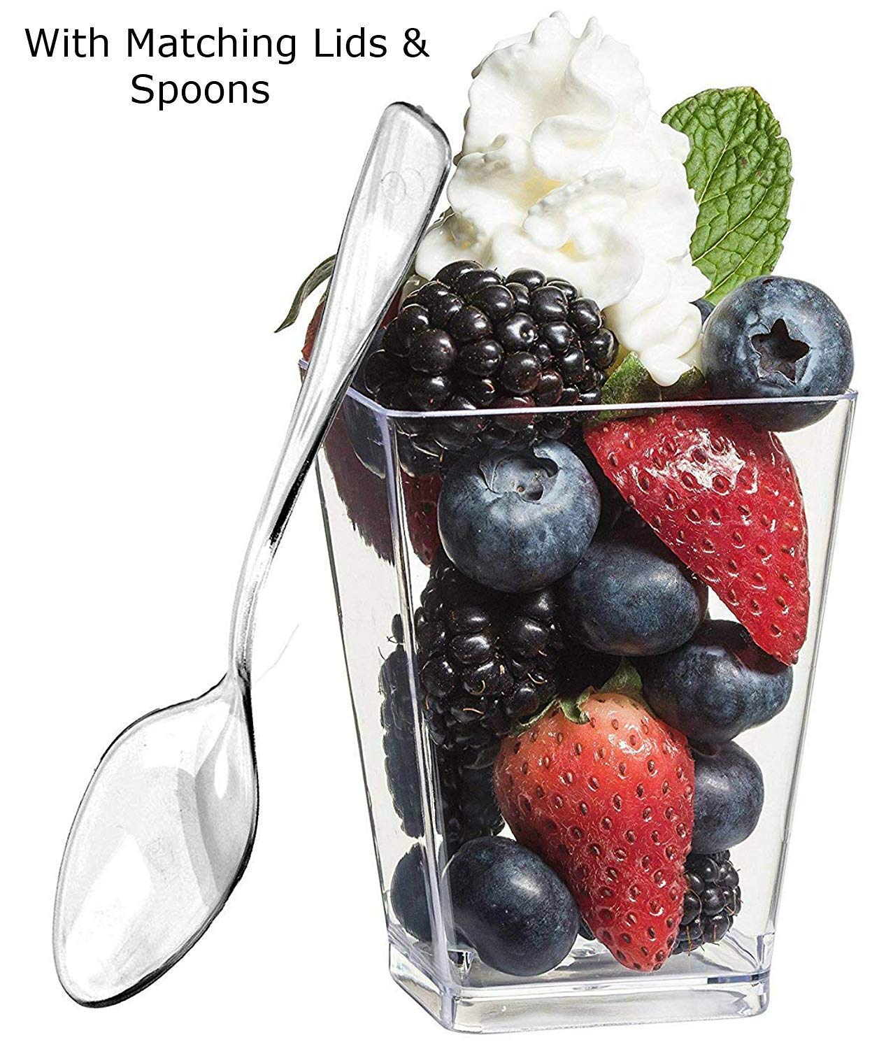 zappy 42 5 oz Tall Square Mini Dessert Cups with Lids and Tasting Spoons, Large Dessert Glasses Shot Glasses Trifle Bowl, Clear Disposable Plastic Dessert Tumbler Cups Small Party Cups