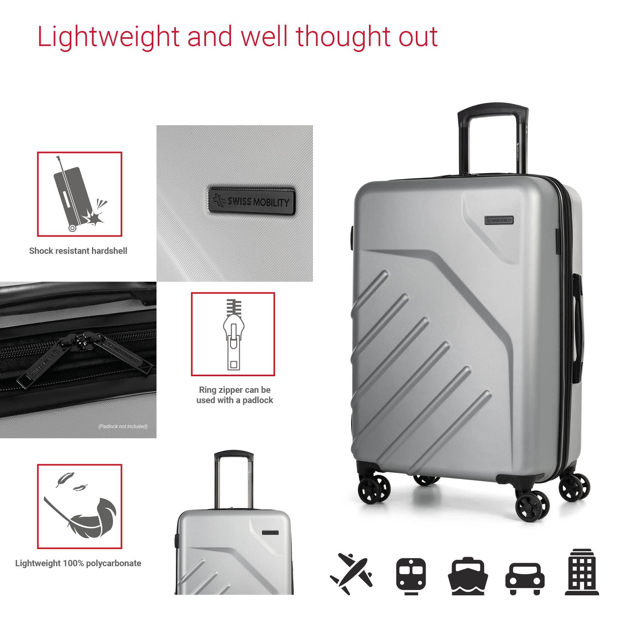 Swiss Mobility LGA Collection 3 Piece Hard Shell Luggage Set, Expandable Suitcases with 360-Degree Spinner Wheels, Retractable Handle, 20 Inch Carry On, 24 Inch Mid-size, 28 Inch Large Bags, Silver