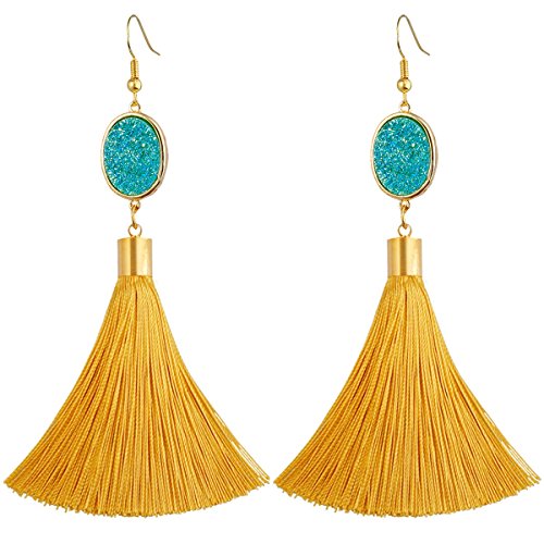 SUNYIK Bohemia Crystal Druzy Dangle Earrings for Women,with Thread Tassel,Oval Teal Blue
