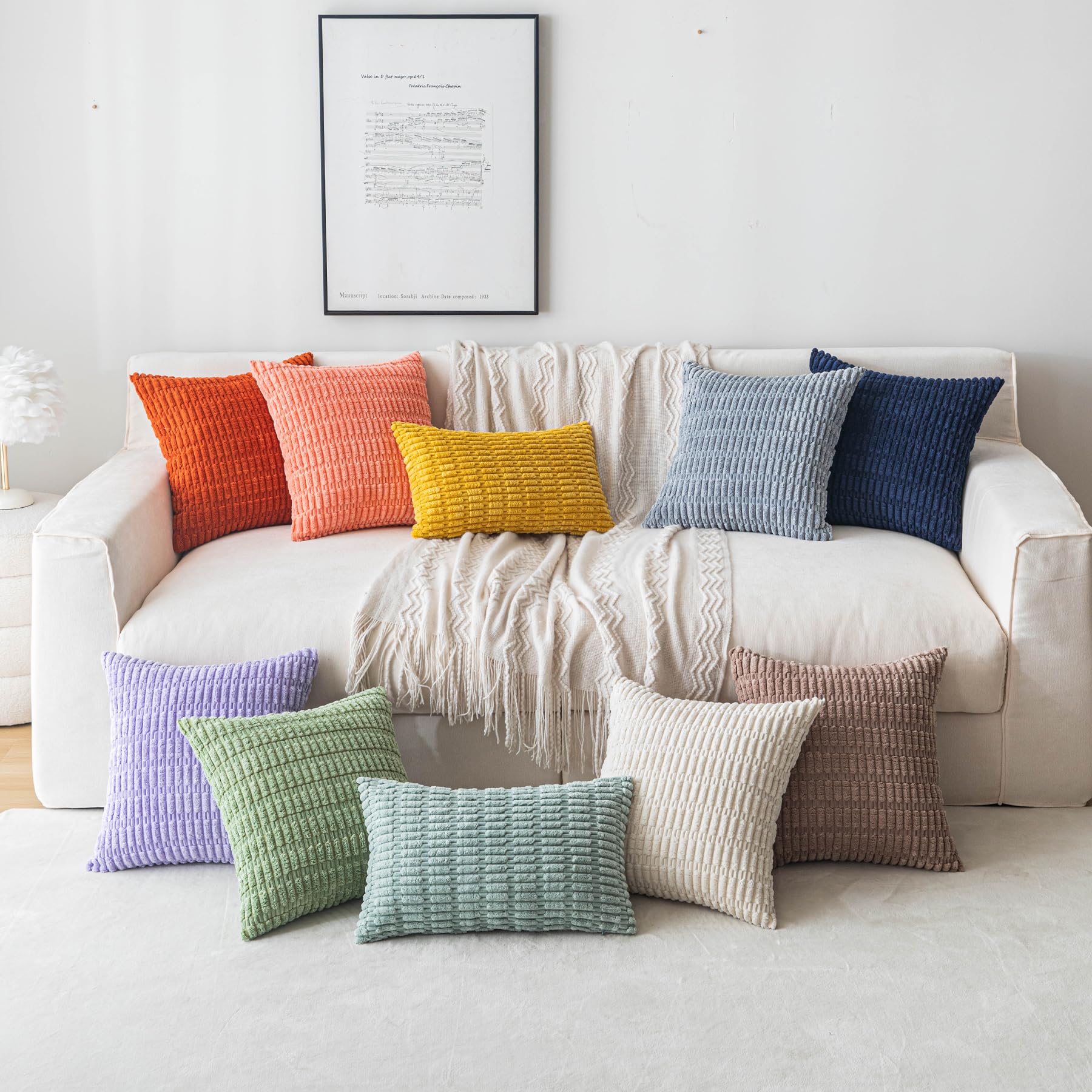 SHITURRE Decorative Throw Pillow Covers for Couch Bed Sofa Livingroom, Tan Square Cushion Covers Corduroy Striped Pillowcases for Boho Home Decor(18"x18", 2 Packs)