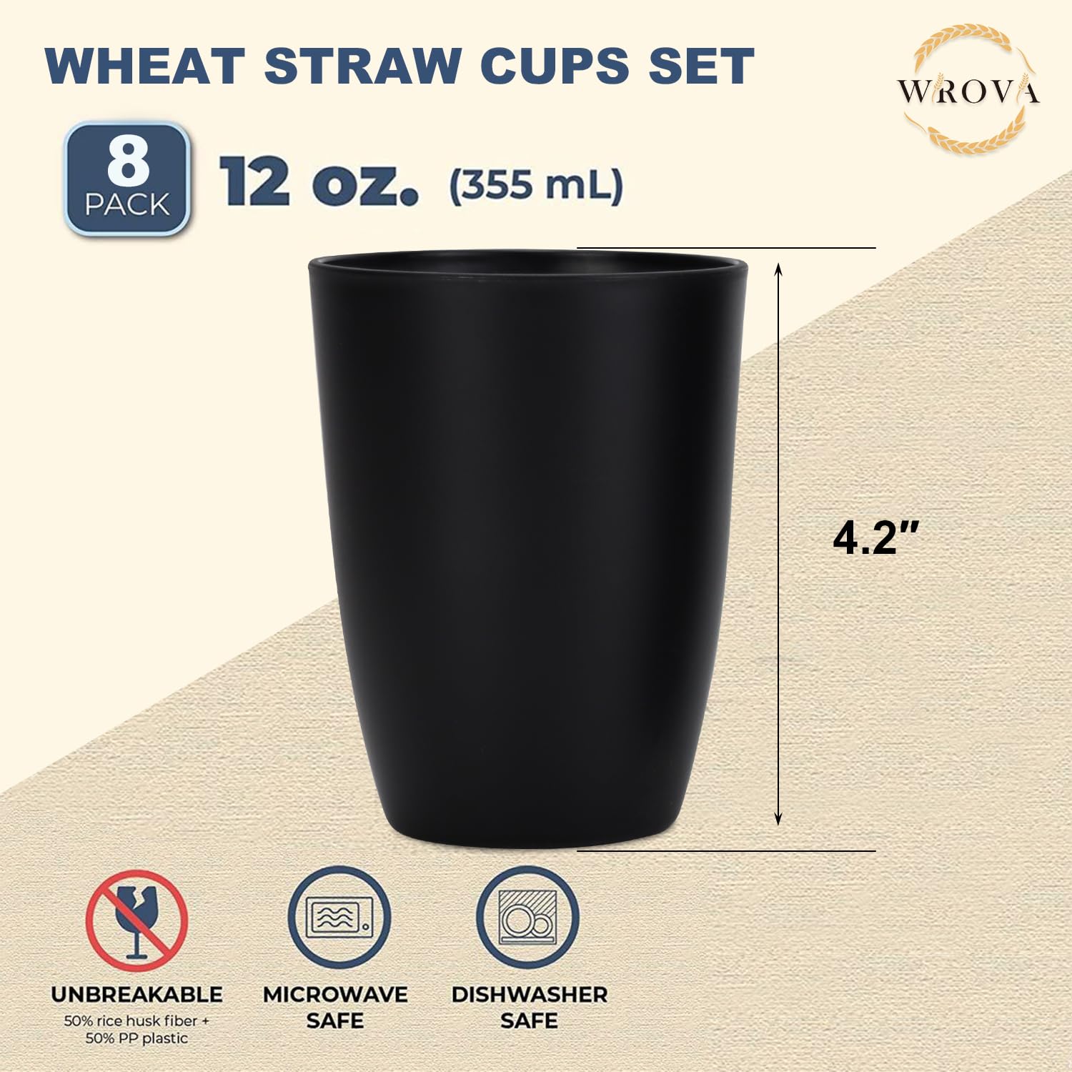 Wheat Straw Cups 8 PCS Good Alternative to Plastic Reusable Cups 12 oz Unbreakable Drinking Cup Reusable Dishwasher Safe Water Plastic Glasses Pure Black