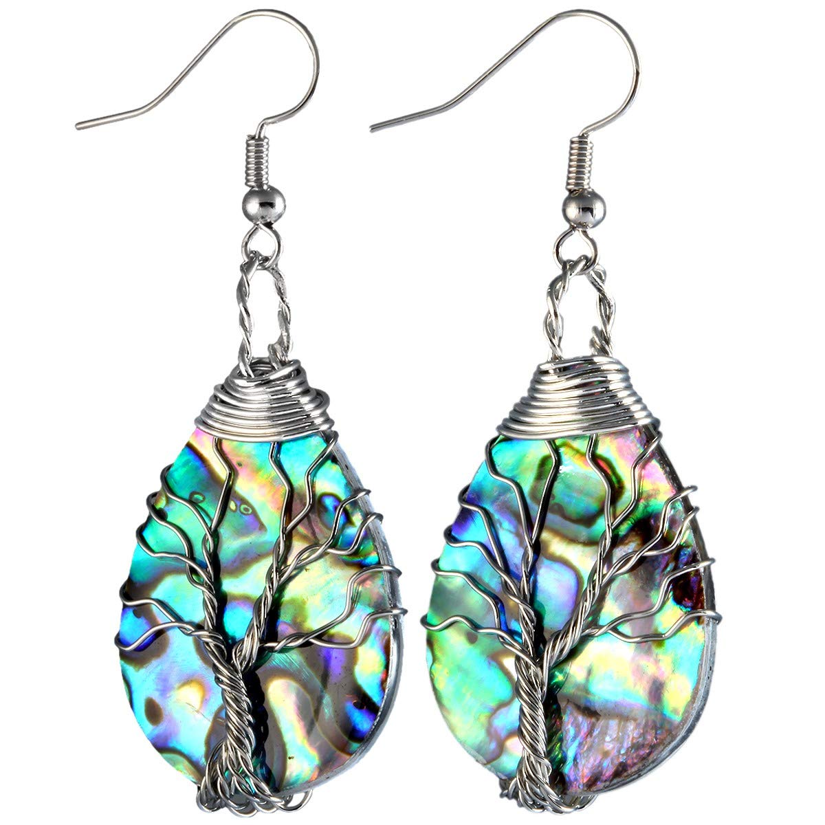 SUNYIK Rainbow Abalone Shell Stone Dangle Earrings for Women, Teardrop Silver Plated