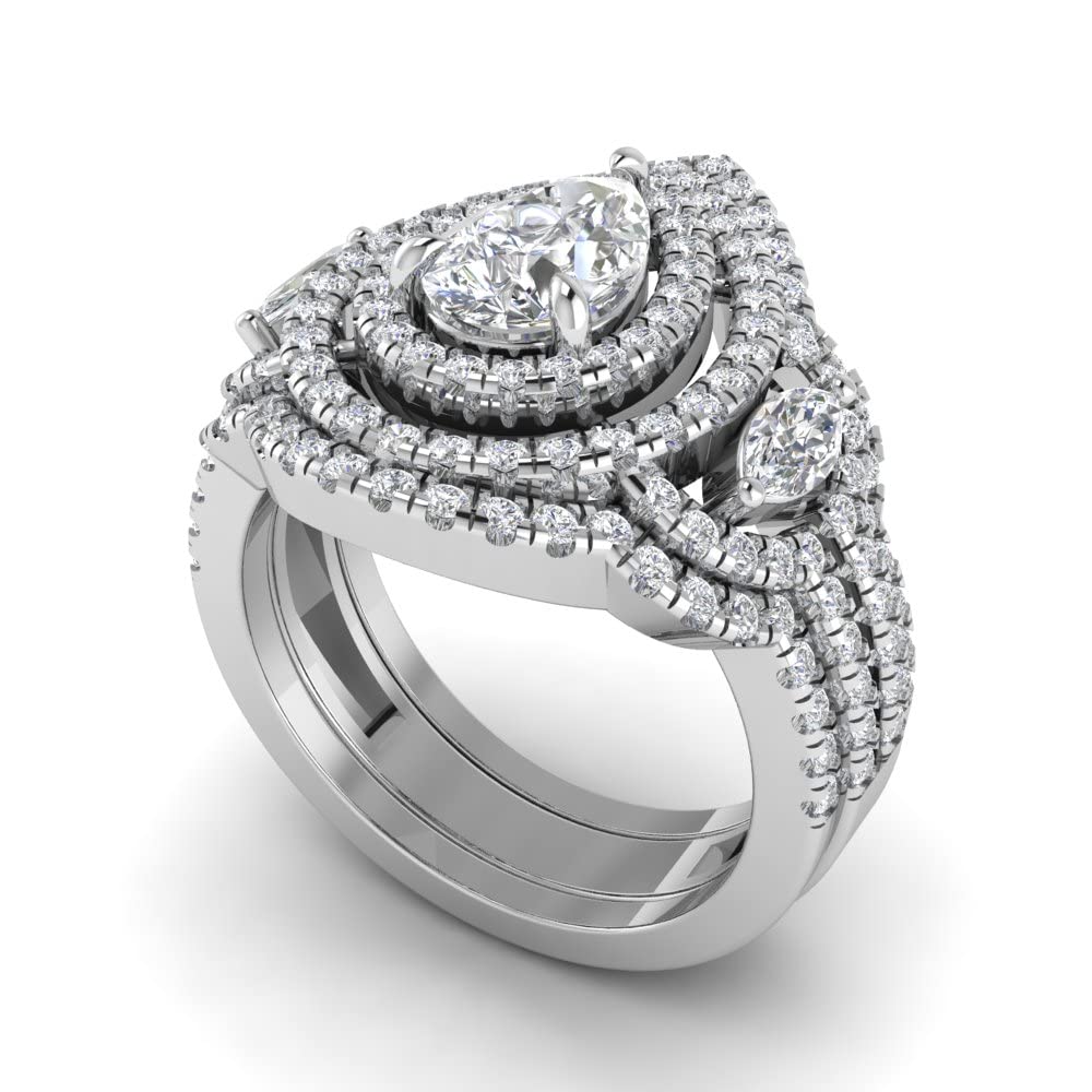 Sterling Silver Cubic Zirconia Dainty Two Piece Pear and Marquise Shaped Halo Engagement Ring CZ Trio Ring Stackable Bridal Set (Size 7)