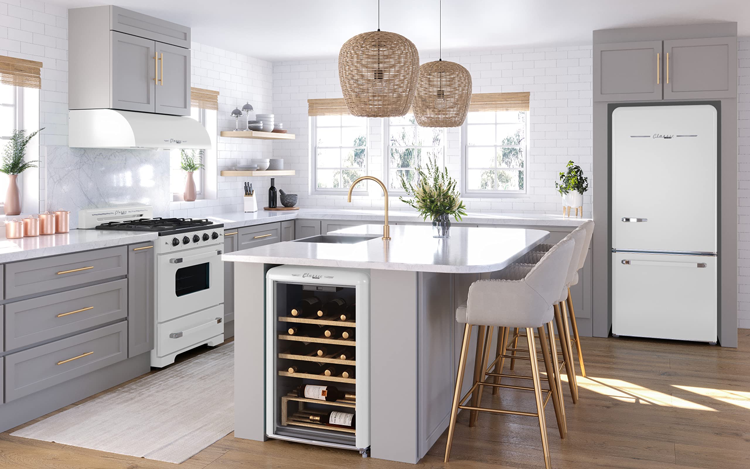 Unique Appliances UGP-510L W AC Classic Retro Electric Bottom-Mount Refrigerator, Marshmallow White; No Frost; Adjustable Glass Shelves; 18 cu. ft; Adjustable 3-bottle Wine Rack; LED Lighting