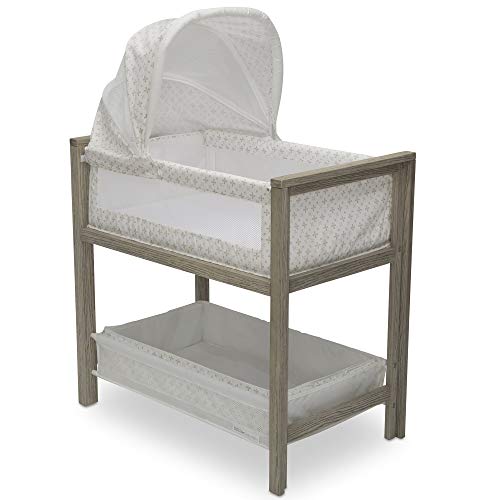 Simmons Kids Farmhouse 2-in-1 Wood Bedside Bassinet Sleeper and Changer - Portable Crib and Changing Table with High-End Wood Frame, Royal Charms