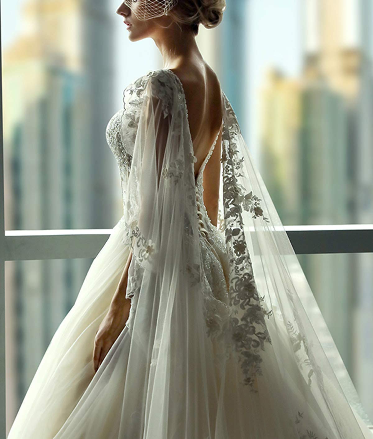 Wedding Cape Veils for Brides Tulle Ivory Cathedral Length Floral Appliques with Pin