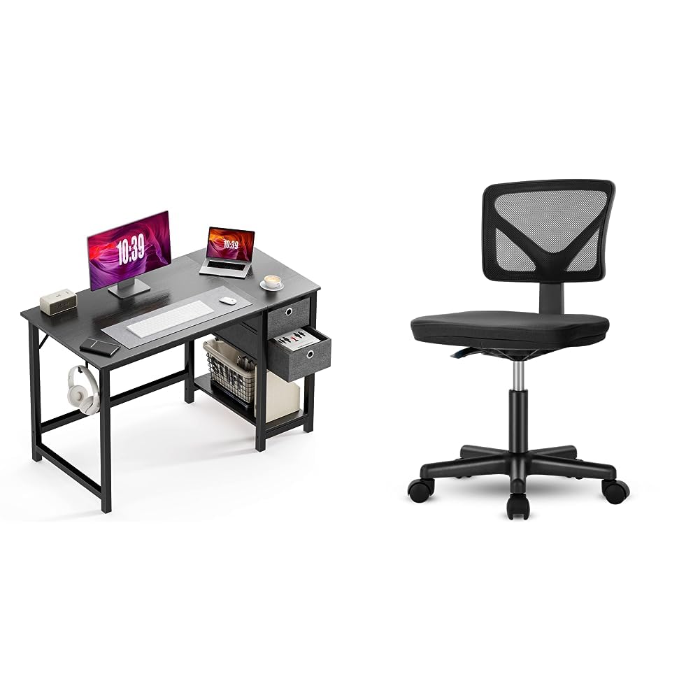 Sweetcrispy Desk with Drawer, 47", 2 Tier Drawers, Headphone Hook - Gaming & Mesh Office Chair, Lumbar Support, Armless - Black