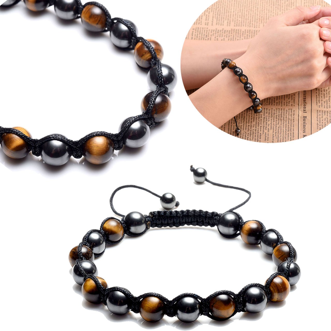 Top Plaza Men's Women's Reiki Healing Energy Natural Tiger Eye Stone Hematite Therapy Beads Macrame Adjustable Braided Link Bracelet(Set Of 3)