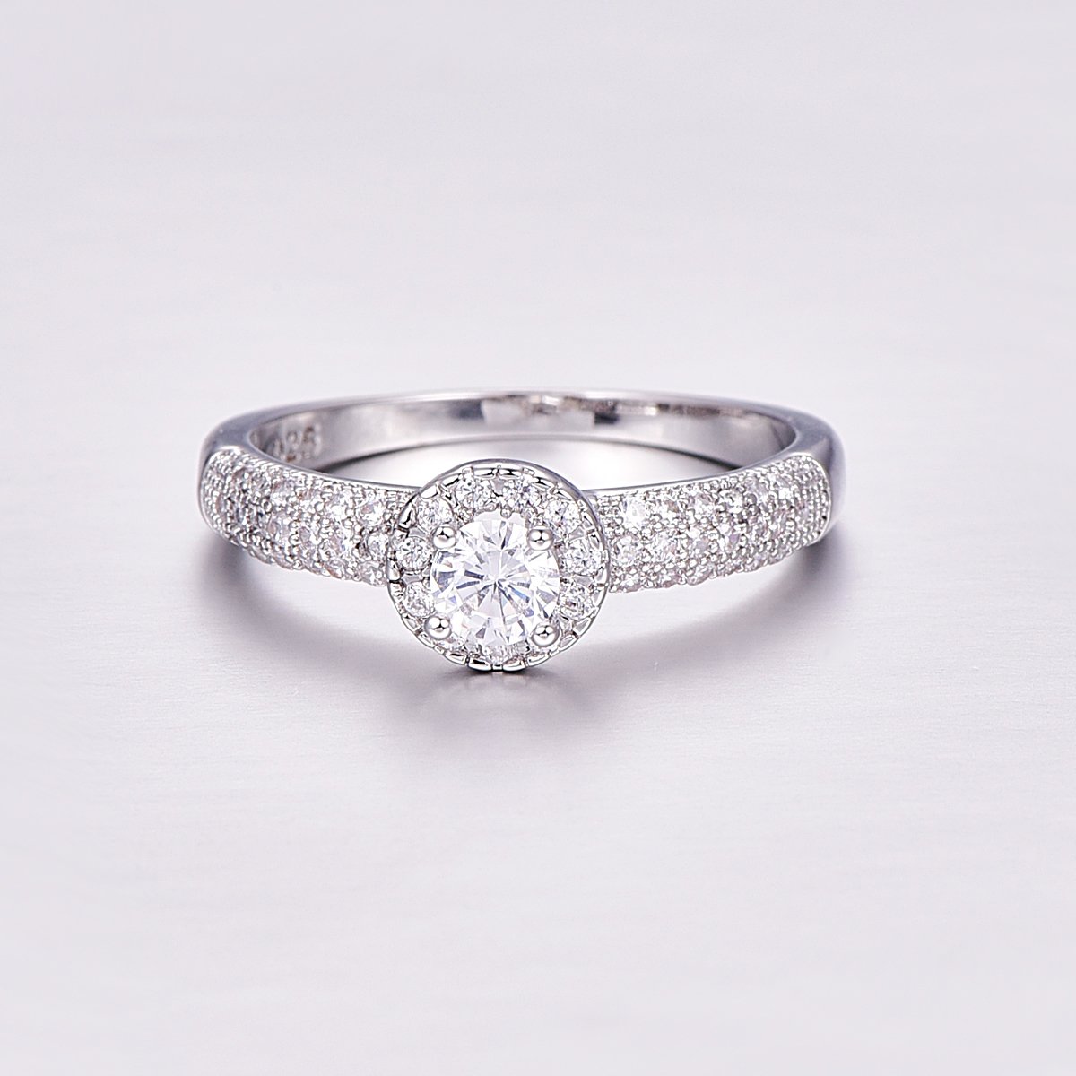 Veunora 925 Sterling Silver Created 4x4mm White Topaz Filled Bling Halo Engagement Wedding Ring for Women Size 9