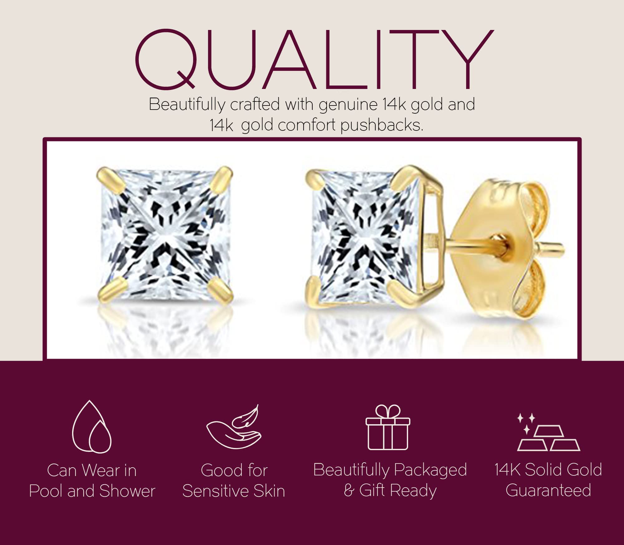 Solid 14k Yellow Gold Square Solitaire Cubic Zirconia Princess-cut Large CZ Stud Earrings for men and women (7mm)
