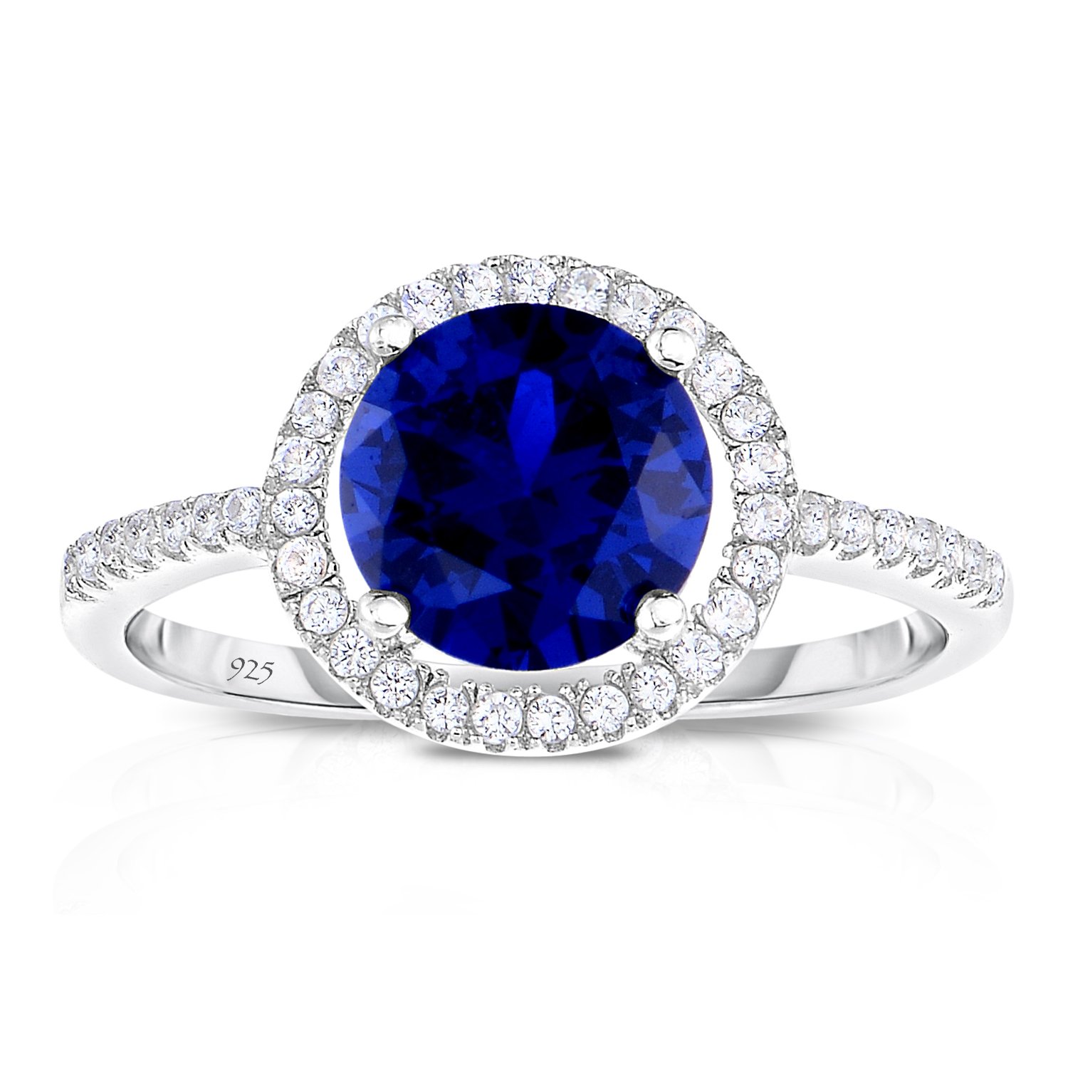 Unique Royal Jewelry Sterling Silver Created Kashmir Blue Sapphire with White CZ Helo Jacket Princess Diana Engagement Ring (10)