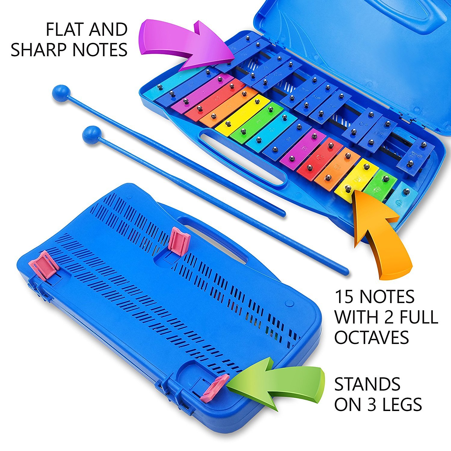 Xylophone 25 Note Colorful Chromatic Glockenspiel in Case Clear Tuned Metal Keys - Card Set w Songs