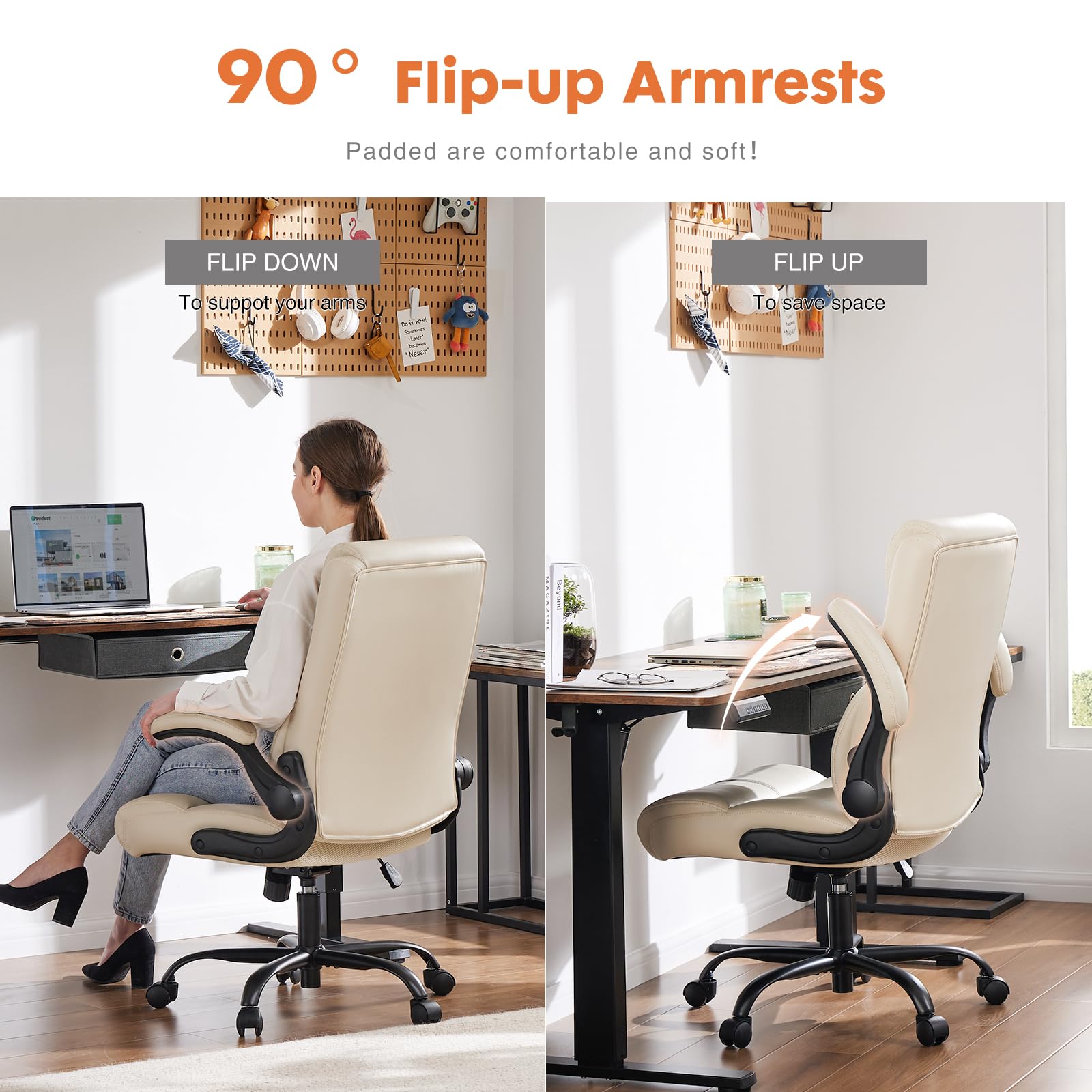 Sweetcrispy Executive Office Chair Beige White Desk Chair with Wheels Height Adjustable PU Leather Office Chair Flip Up Arms Mid Back Computer Chair with Lumbar Support