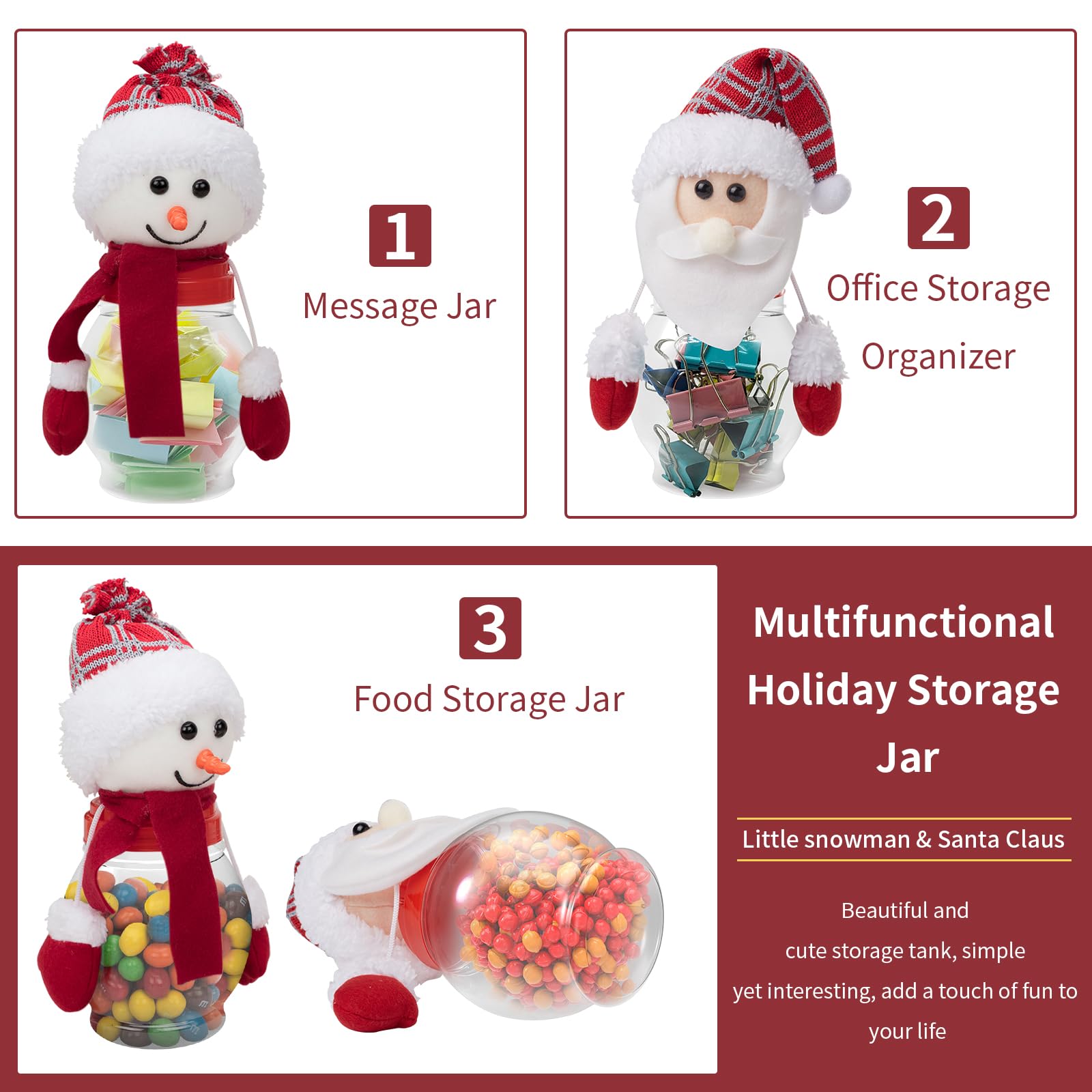 ZCONIEY 2 in 1 Christmas Candy Jars, Home Holiday Decor, Clear Plastic Cookie Jar with Snowman Doll, Sweet Gift Box Bottle Holder