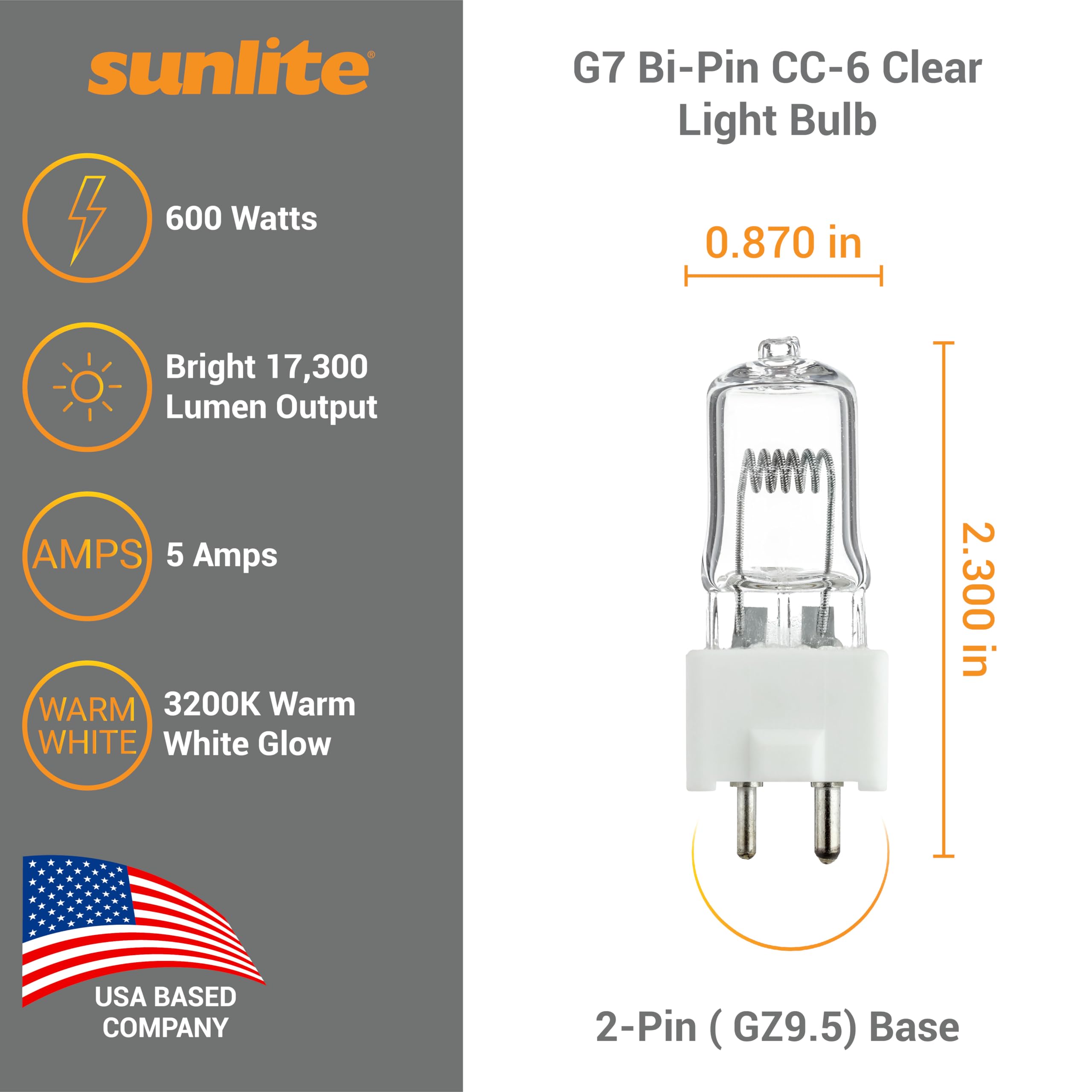 Sunlite DYS/DYV/BHC G7 Bi-Pin CC-6 Clear Light Bulb, 600 Watts, 120 Volts, 5 Amps, 17000 Lumens, 2-Pin GZ9.5 Base, 99 CRI, 3200K Warm White, 1 Pack