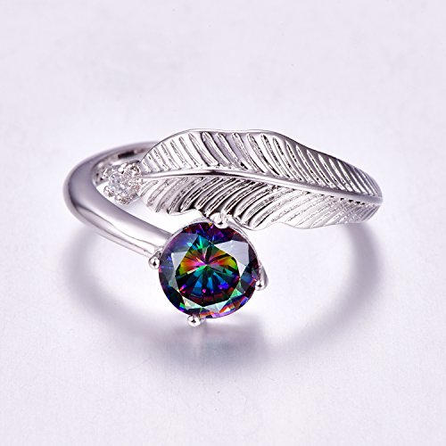 Veunora Silver Plated 7x7mm Created Rainbow Topaz Cubic Zirconia Filled Feather Ring for Women Size 7