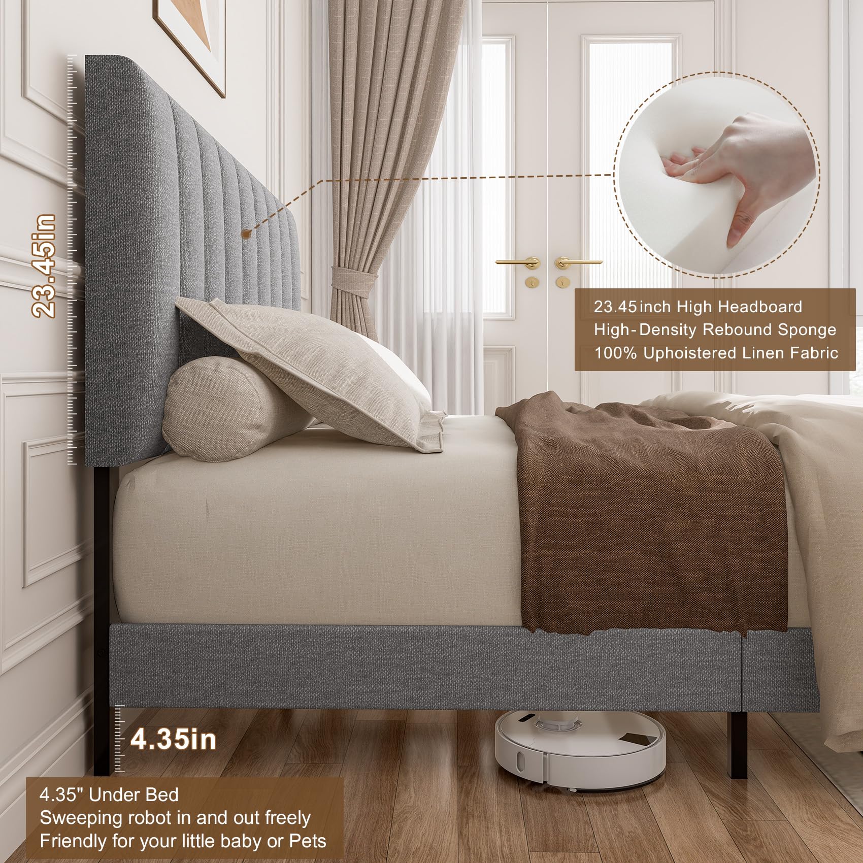 VERSAINSECT ze Bed Frame with Adjustable Headboard, Vertical Channel Tufted Linen Fabric, Wooden Slats Support, Mattress Foundation/Noise Free/No Box Spring Required/Easy Assembly