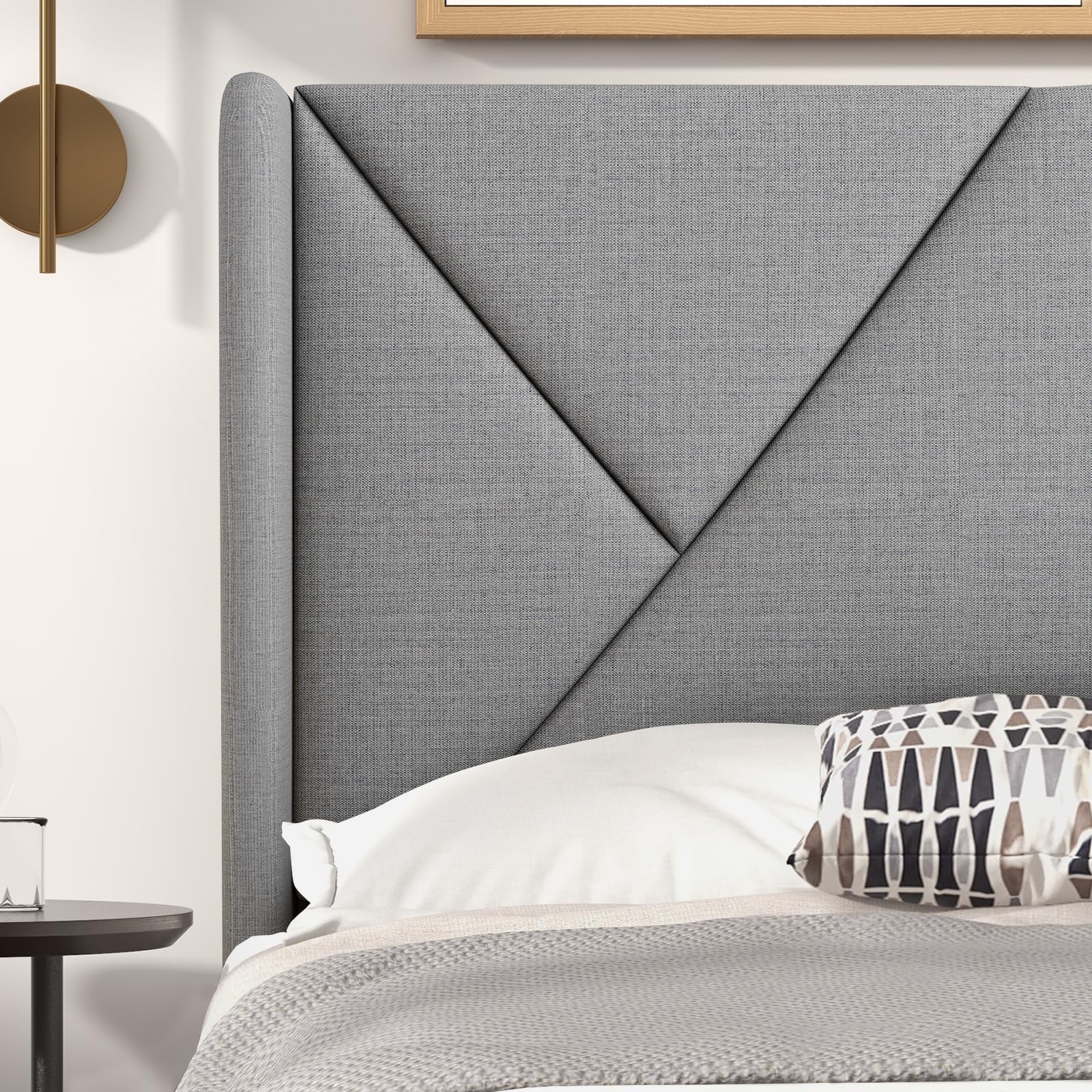 SWISH WEAVERS King Size Platform Bed Frame with Headboard, Upholstered Bed Frame with Wingback, No Box Spring Needed, Easy Assembly Solid Wooden Slats, Noise-Free, Light Gray