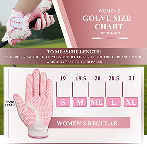 wosofe Golf Gloves Women Both Hands Pair Synthetic PU Soft Silica Gel Non-Slip Ventilation Comfortable Pink Close Fit Fashion (Medium)