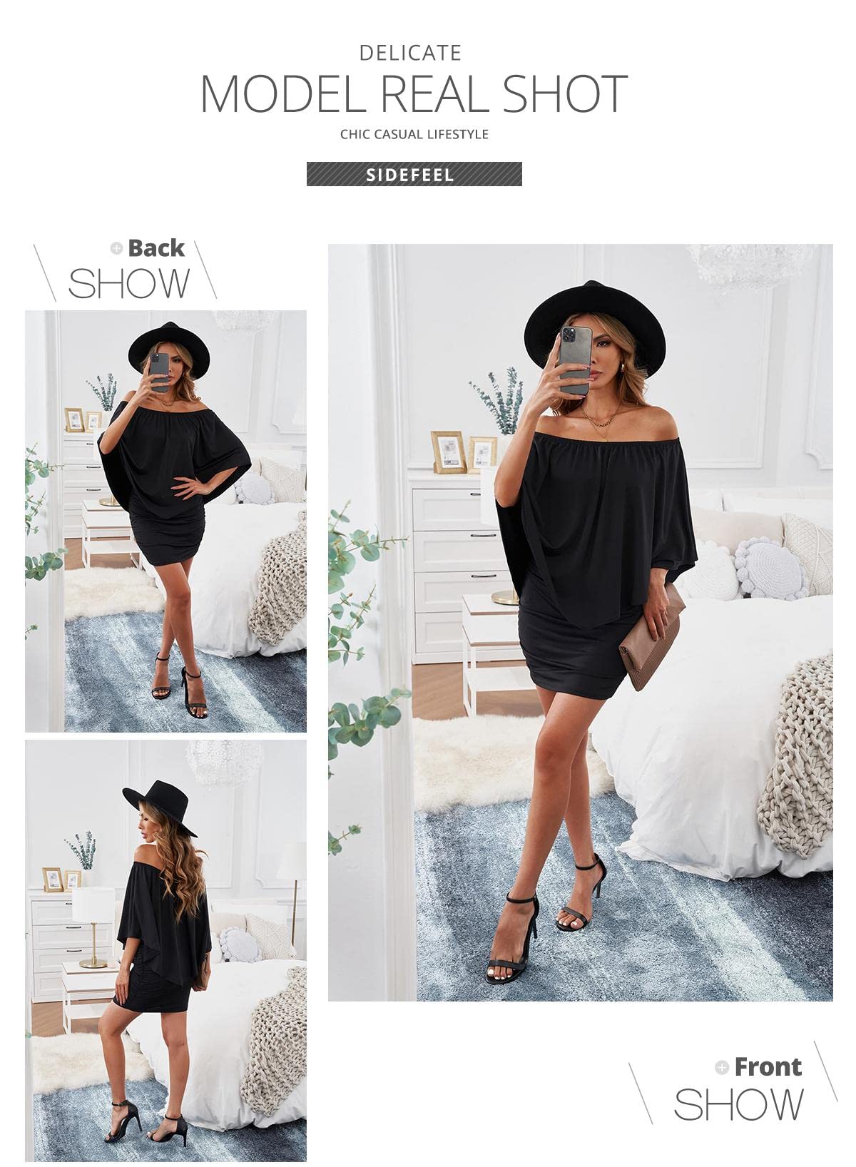 Sidefeel Womens Black Dresses Off Shoulder Ruffles Night Club Bodycon Mini Dress X-Large