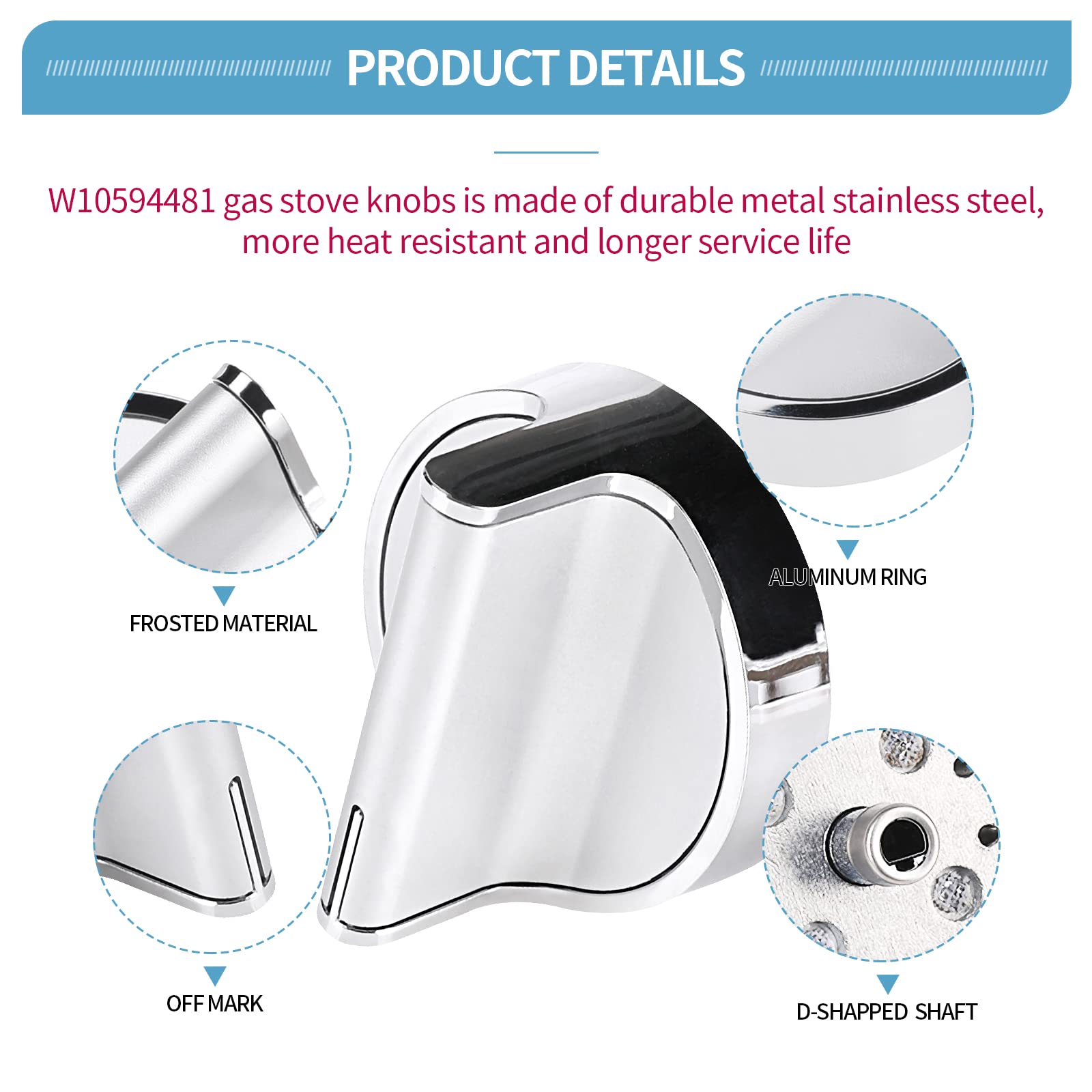 W10594481 Stove Knobs Replacement for Whirlpool Gas Stove Range Oven Knobs WCG97US0DS00 WCG97US6DS00, Stainless Steel Burner Control Knob Replace WPW10594481 PS11756643 AP6023301 Gas Cooktop (5pcs)