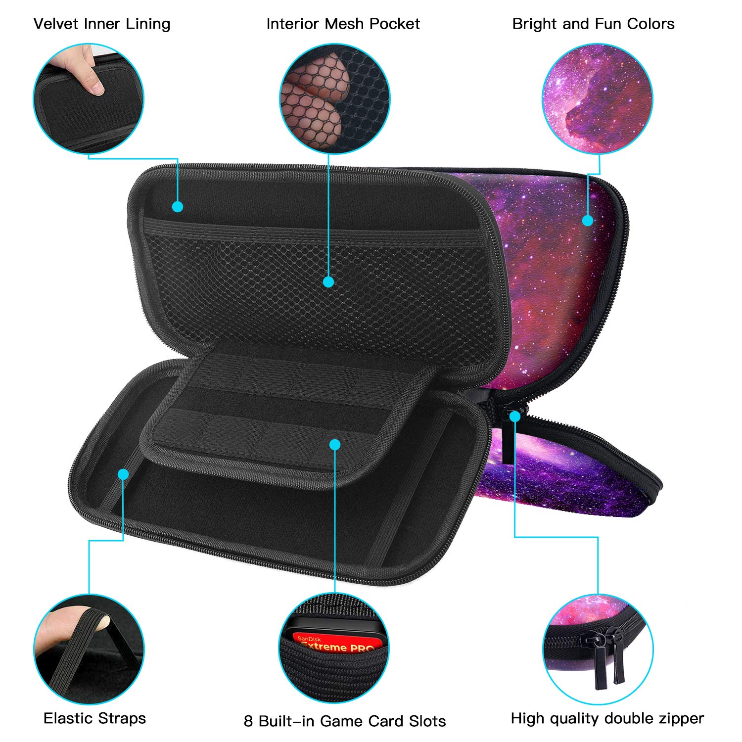 VORI Carrying Case for Nintendo Switch Lite 2019, Portable Protective Hard Shell with 8 Game Cartridges for Nintendo Switch Lite Console & Accessories Kit, Galaxy