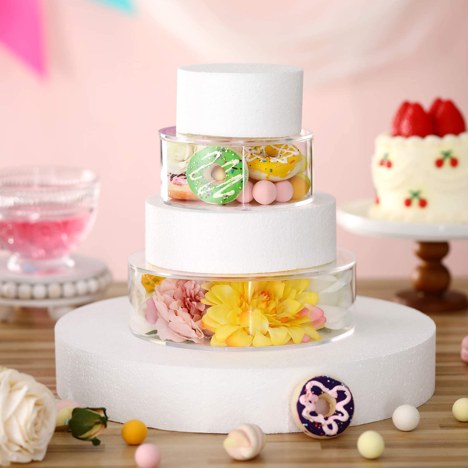 Weysat 2 Pcs Acrylic Fillable Cake Stand 7 Inch and 4.7 Inch Clear Cake Riser Round Cake Tier Decorative Cylinder Stand for Wedding Birthday Party(7''D x 2''H, 4.7''D x 2''H)