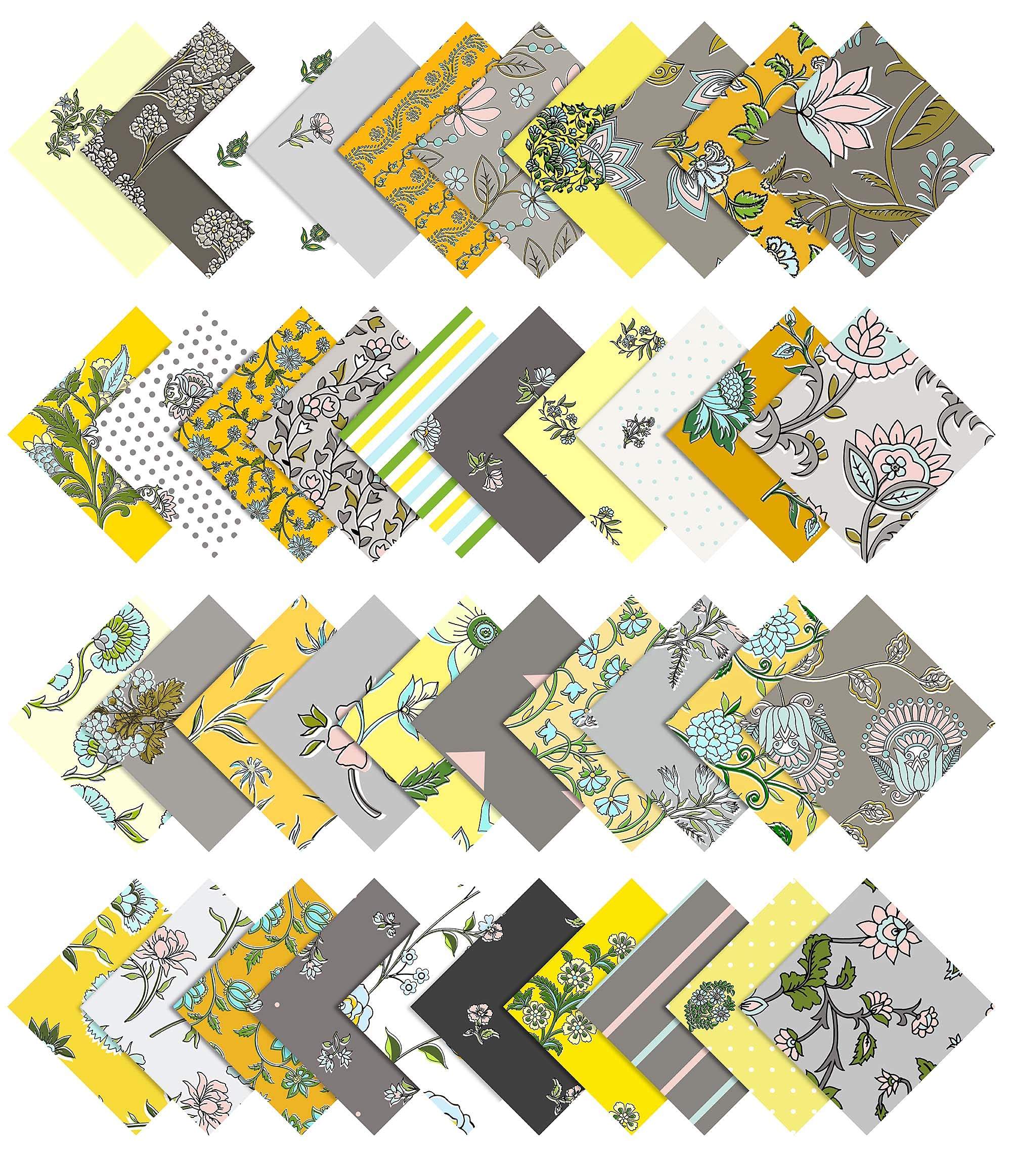 Soimoi Precut 10-inch Asian Floral Prints Cotton Fabric Bundle Quilting Squares Charm Pack DIY Patchwork Sewing Craft- Gray & Yellow