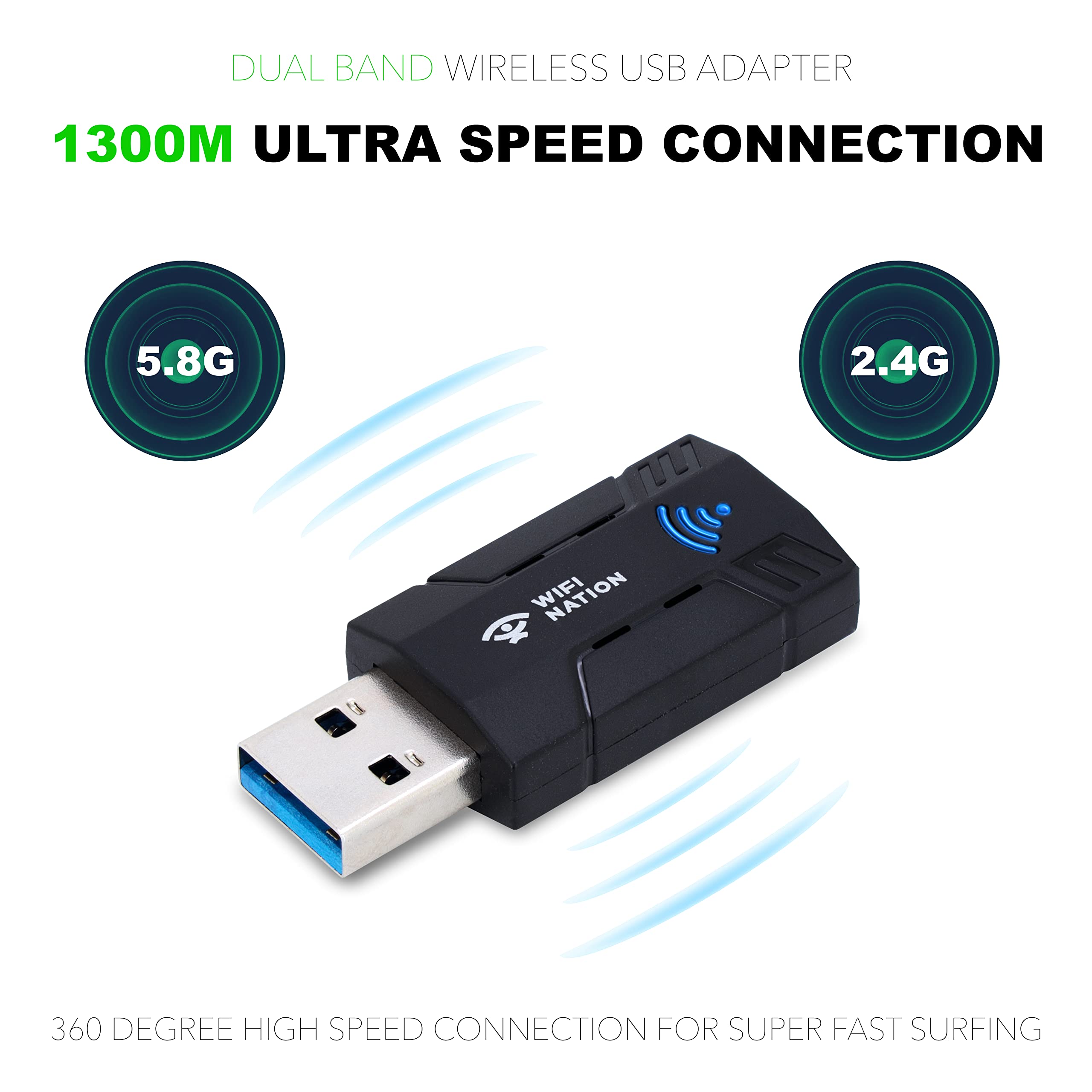 WiFi Nation® WiFi Dongle 1300Mbps WiFi Adapter 2.4G/5G Dual Band Mini USB 3.0 802.11ac Wireless Network Adapter for PC Desktop Laptop Windows MacOS & Most of Linux Distros