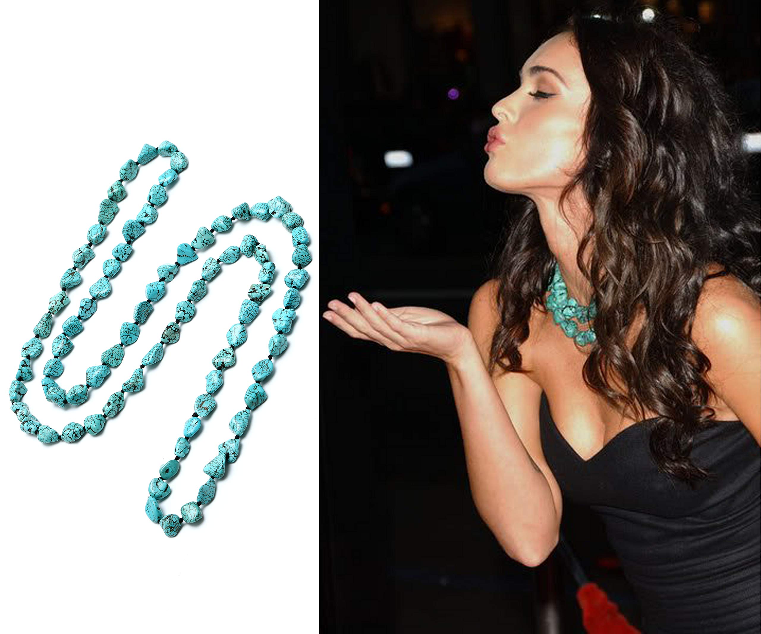 POTESSA Turquoise Beads Endless Necklace Long Knotted Stone Multi-Strand Layer Necklaces Handmade Jewelry 47''