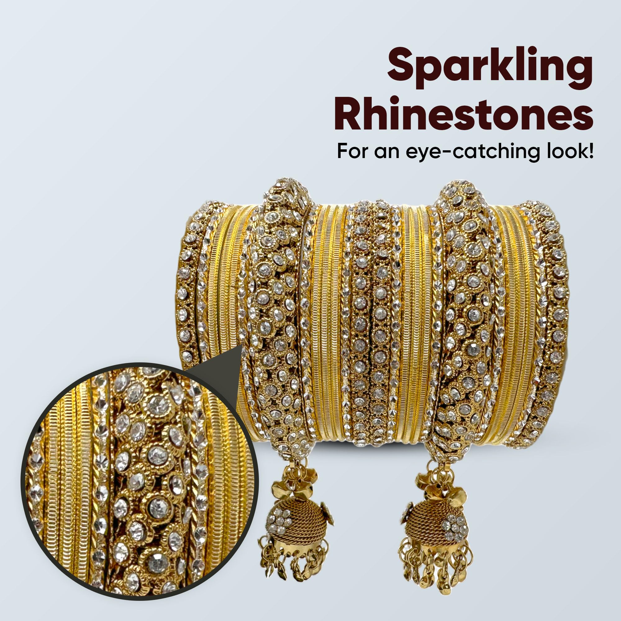 Zenia Creations Indian Bollywood Style Metal Bangle Set with Rhinestones - 26 Piece Bangles Set - with Jhumka, Multiple Sizes, Jewelry Model: 1149 (Gold, 2.8)