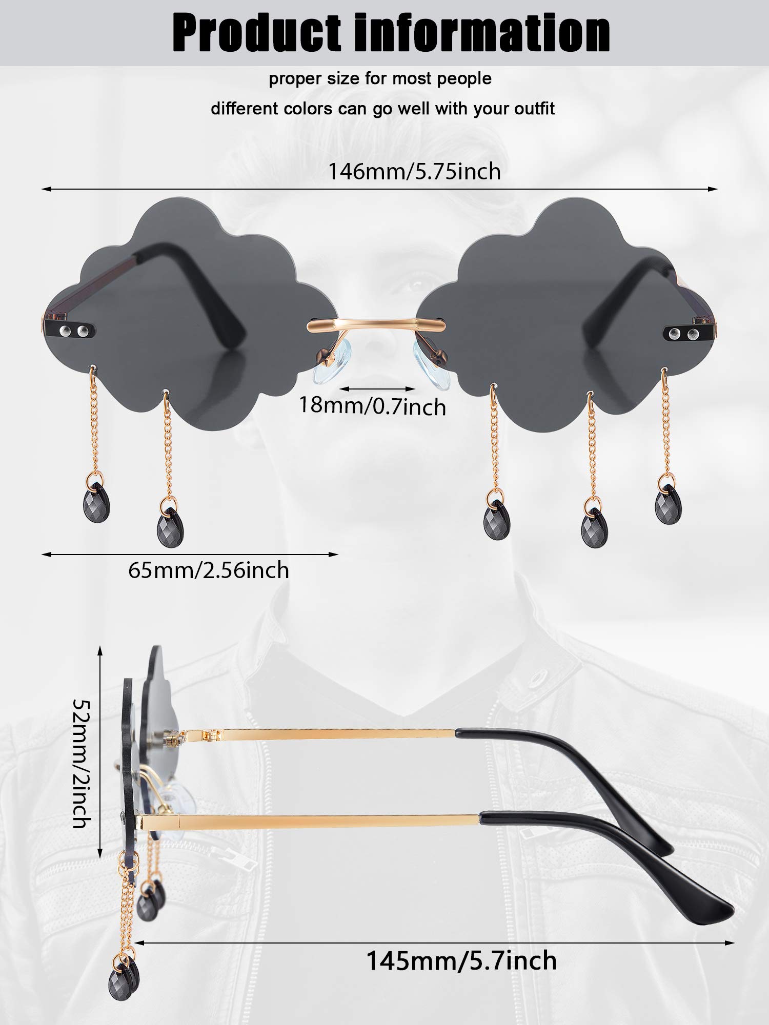 Weewooday 4 Pairs Cloud Sunglasses Raindrop Colorful Rimless Cute Sunglasses Funny Heart Flame Shaped Disco Glasses for Women Men
