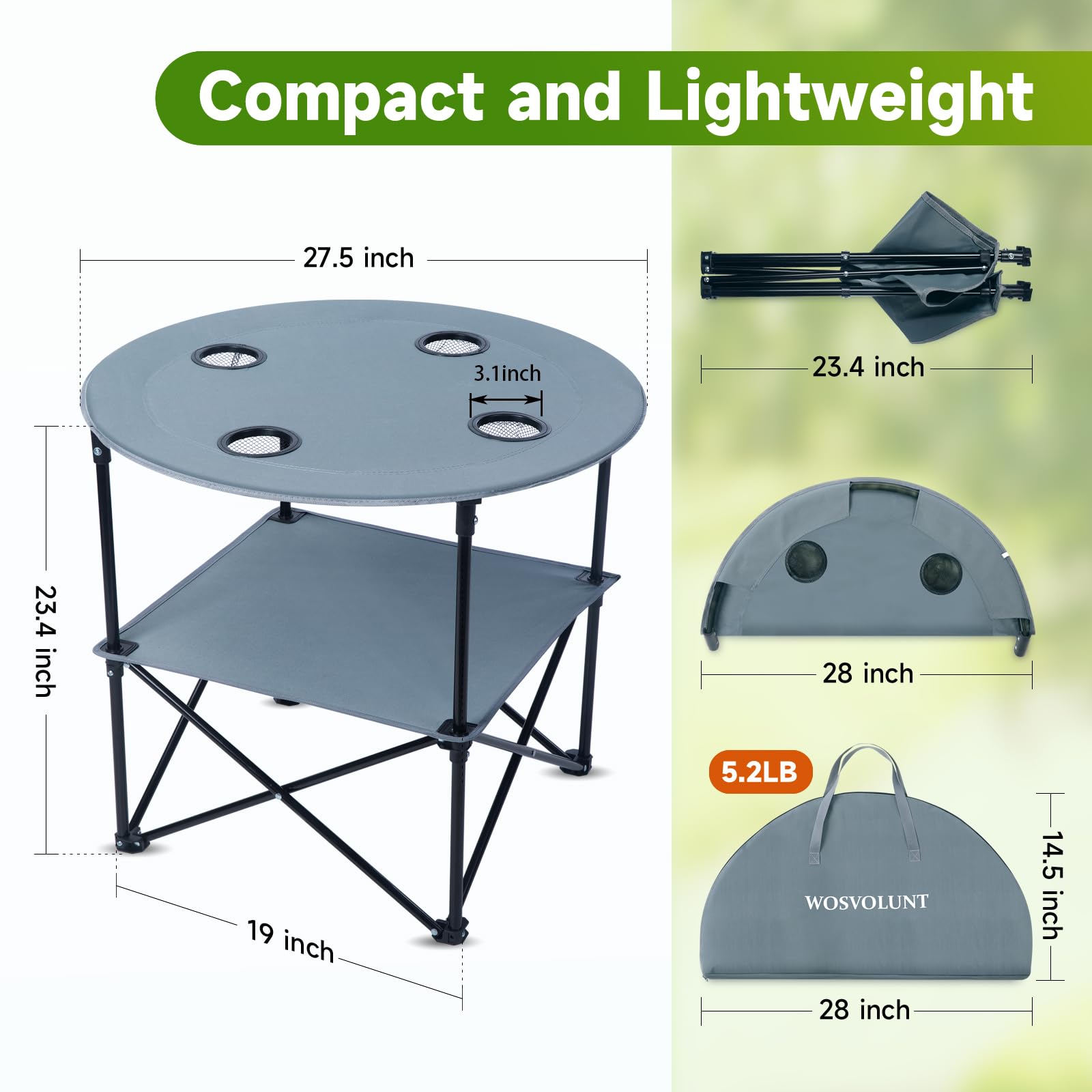 WOSVOLUNT Portable Camping Table Folding Pop up Tables Lightweight Beach Table for Sand Canvas Picnic Table Round Camping Side Table with Cup Holder for Outdoor, Tailgating,Travel