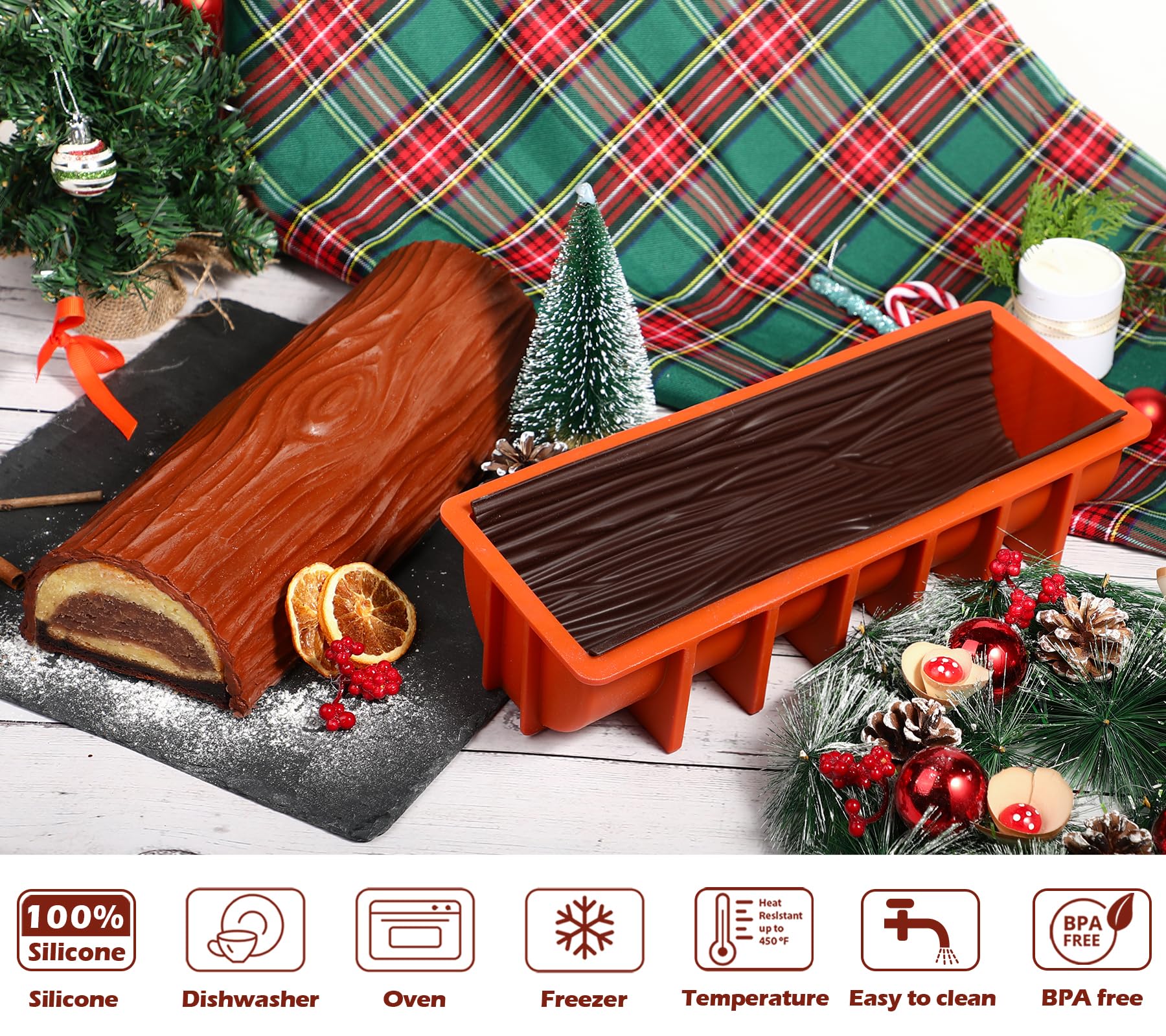 Webake Yule Log Cake Pan Silicone Yule Log Cake Mold with 2 Bark Mat, Christmas Cake Mold for Cake, Jello, Dessert, Great for Christmas