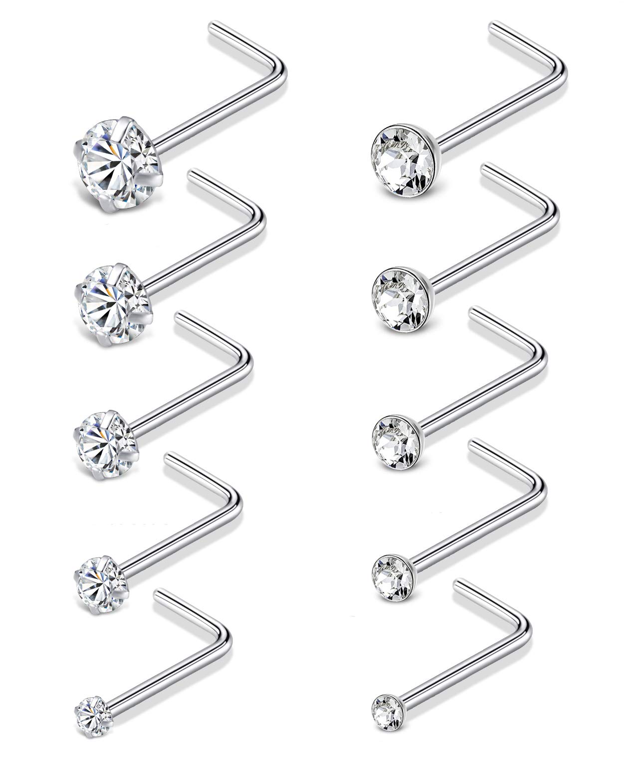 Tornito 20G 10Pcs Stainless Steel L Shaped Nose Studs Rings CZ Nose Ring Labret Nose Piercing Jewelry for Men Women Silver Tone 1.5mm-2mm-2.5mm-3mm-3.5mm CZ