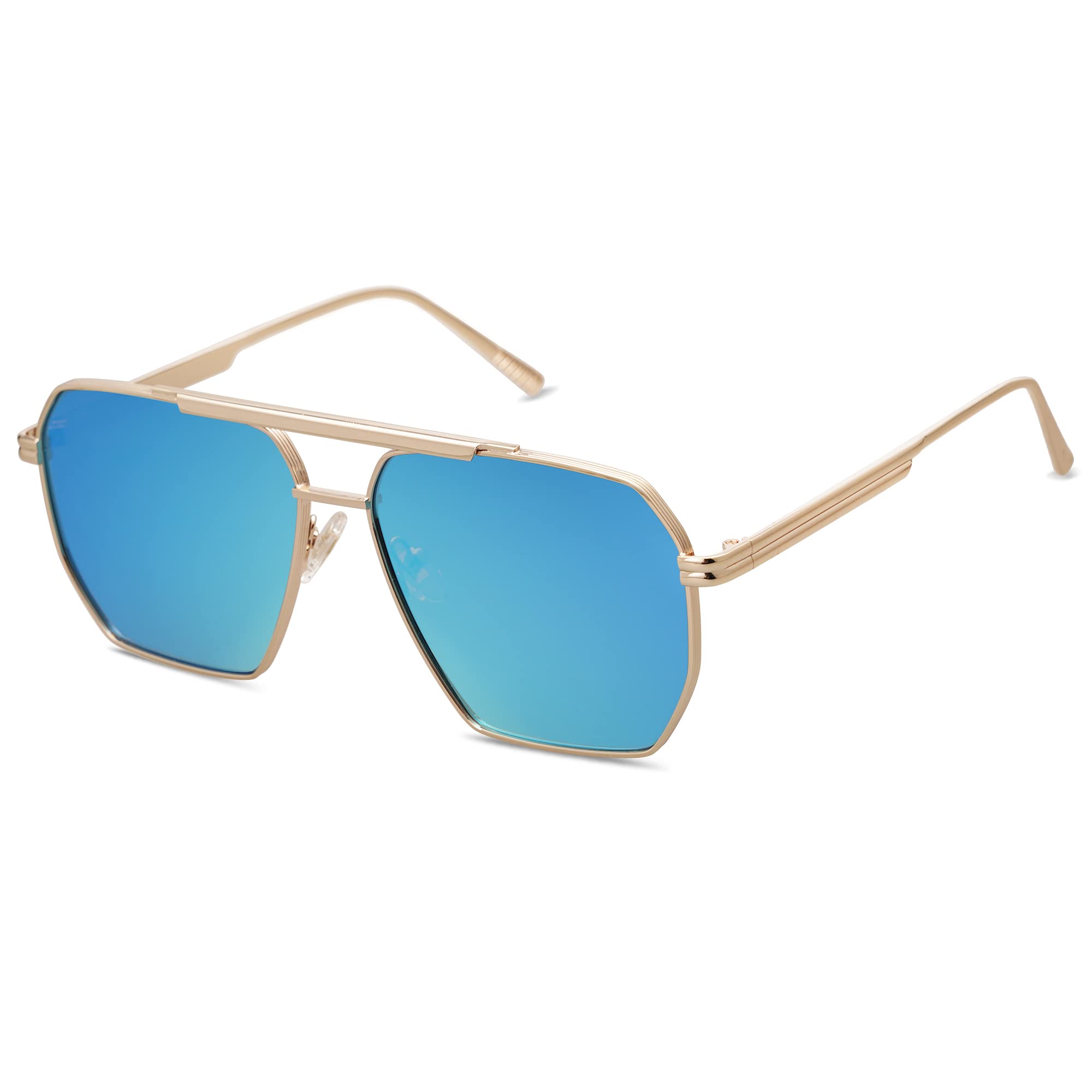 SOJOS Retro Oversized Square Polarized Sunglasses for Women Men Vintage Shades UV400 Classic Large Metal Sun Glasses SJ1161 with Gold/Blue Lens