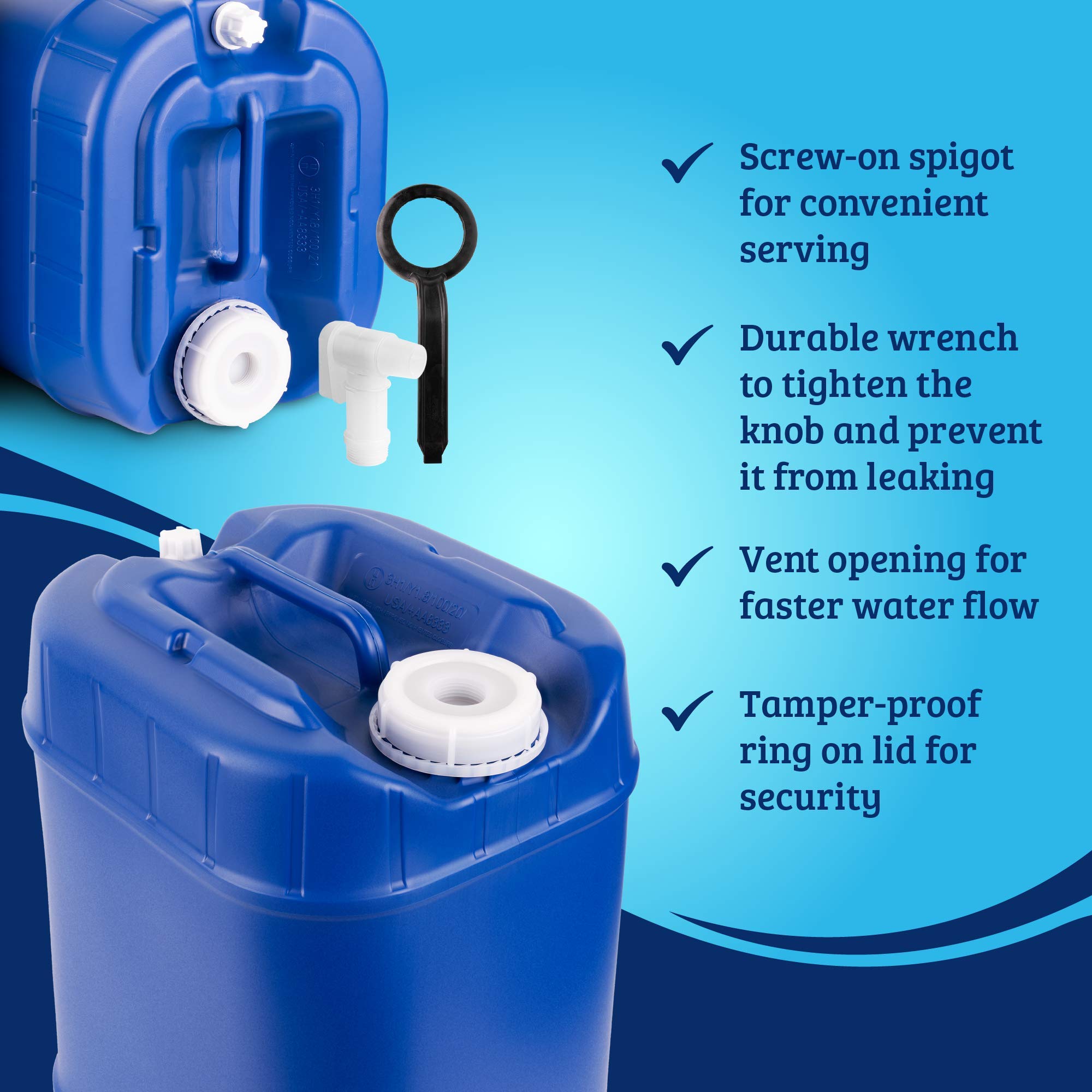 Saratoga Farms 5-Gallon Stackable Water Storage Containers with Lids, Emergency Water Storage Kit Including Spigots, Wrench, and Water Preserver, 60 Gallons